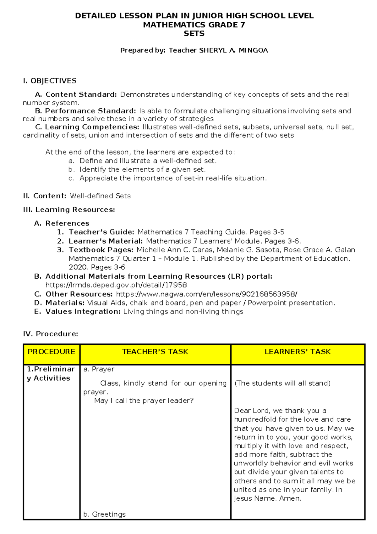 Grade 7 MATH (SETS) Detailed Lesson Plan by Teacher Sheryl - Studocu