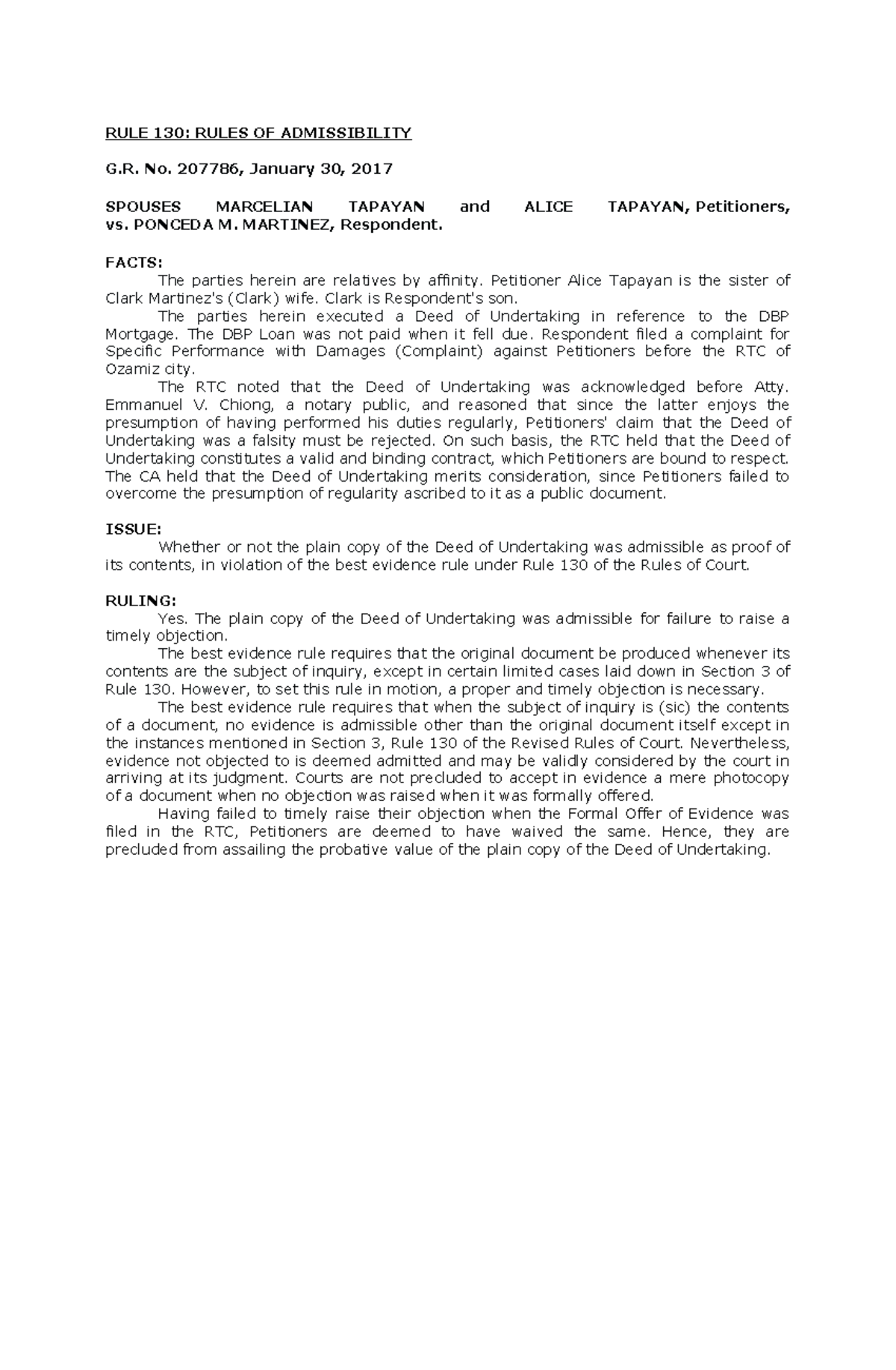 Admissibility of Evidence in Cases: G.R. No. 207786 & G.R. No. 150155 ...