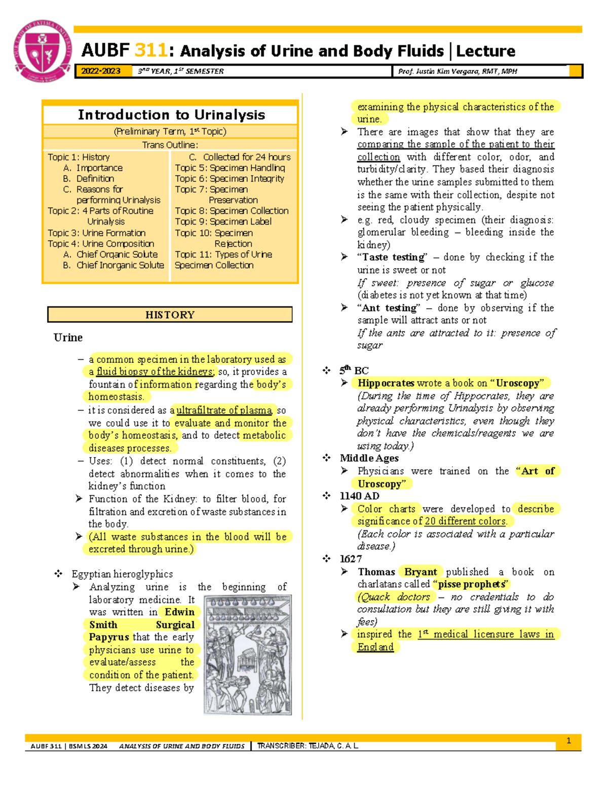 AUBF 311: Comprehensive Guide to Urinalysis and Body Fluids - Studocu