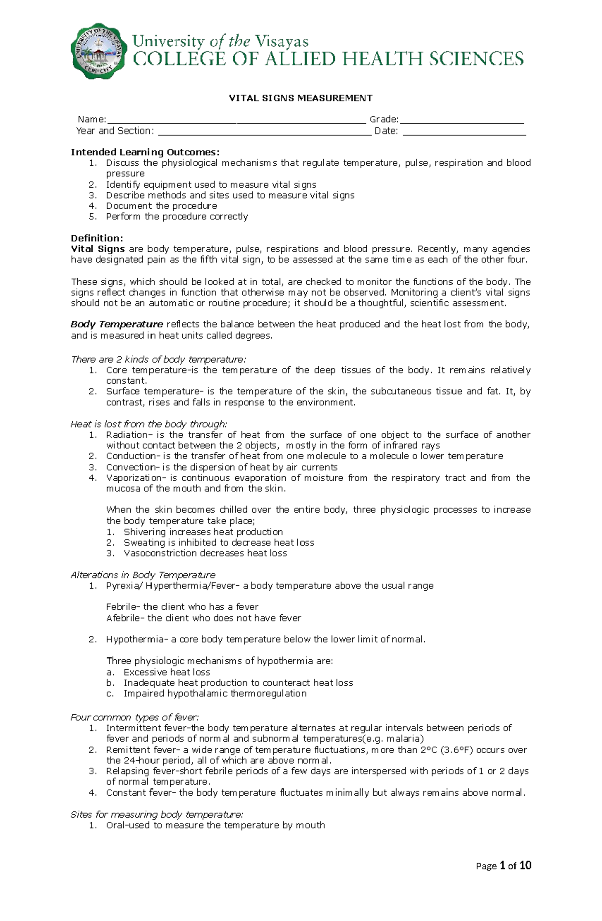 Vital Signs Measurement: Health Assessment Lab Manual (Course Code ...