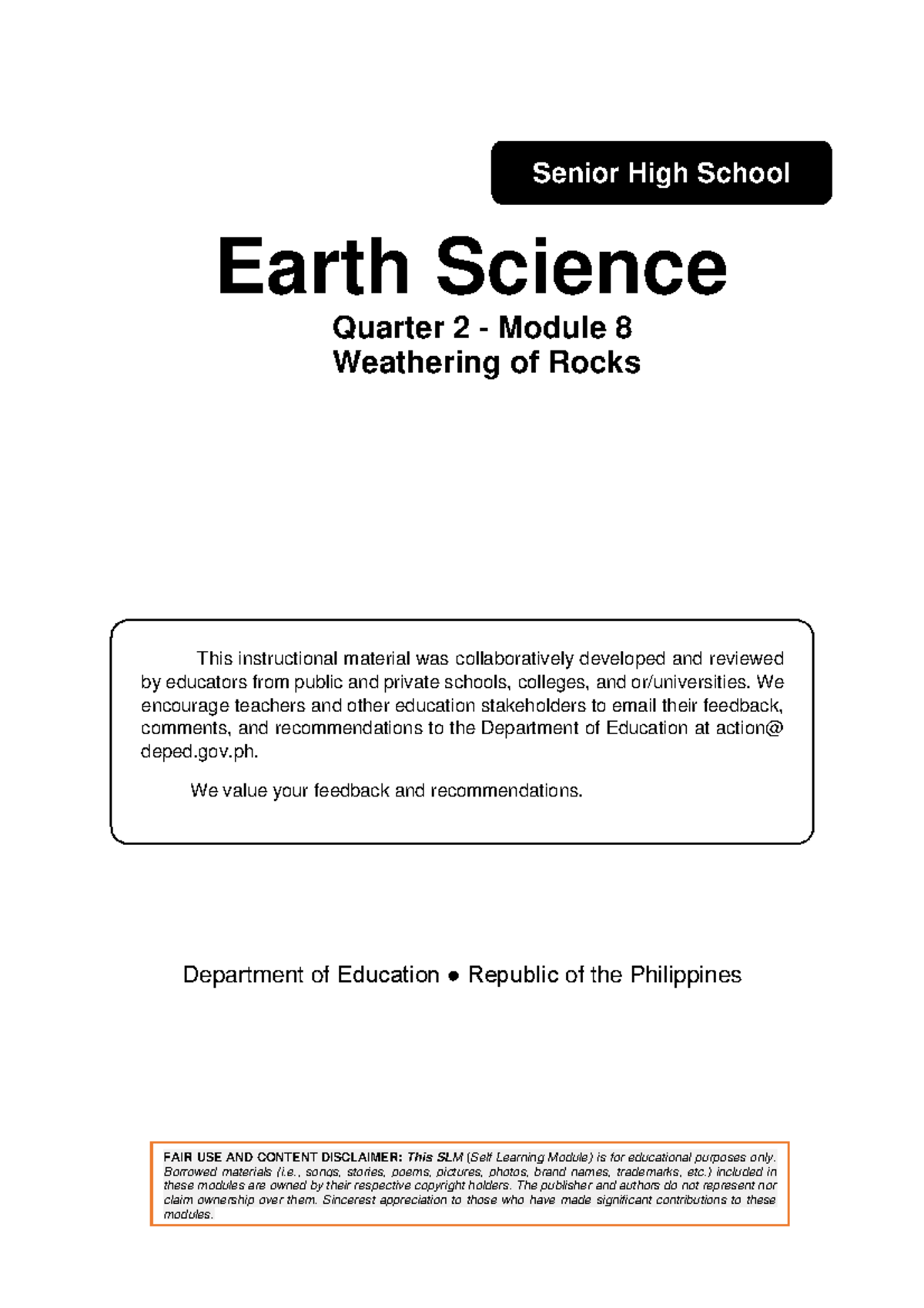 G11-Earth Sci Q2 Module 8: Weathering of Rocks Overview - Studocu