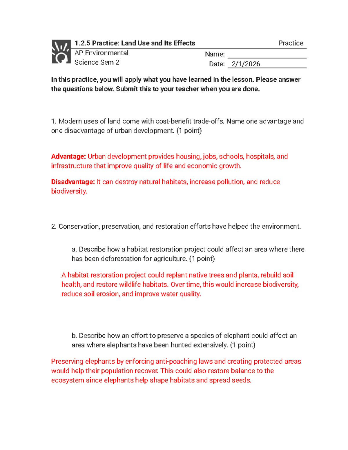 1.2.5 Practice: Land Use & Its Environmental Effects - AP Env Sci - Studocu