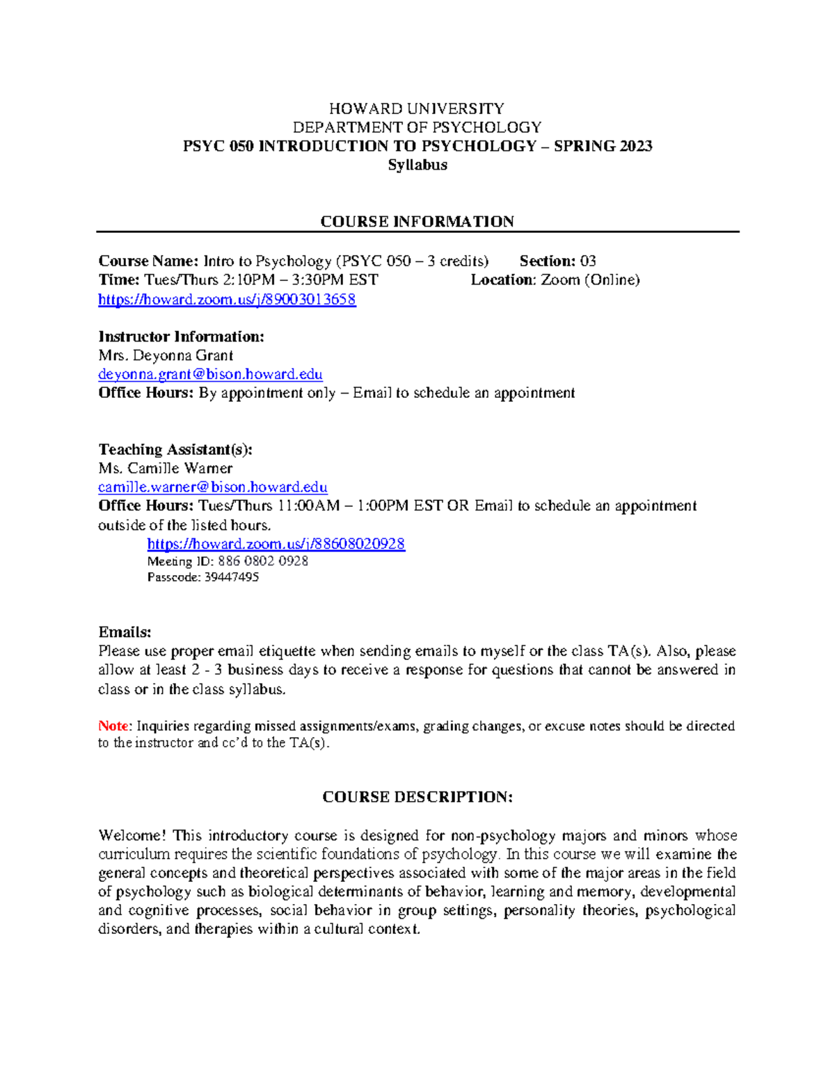 PSYC 050 SP23: Intro to Psychology Syllabus and Course Overview - Studocu
