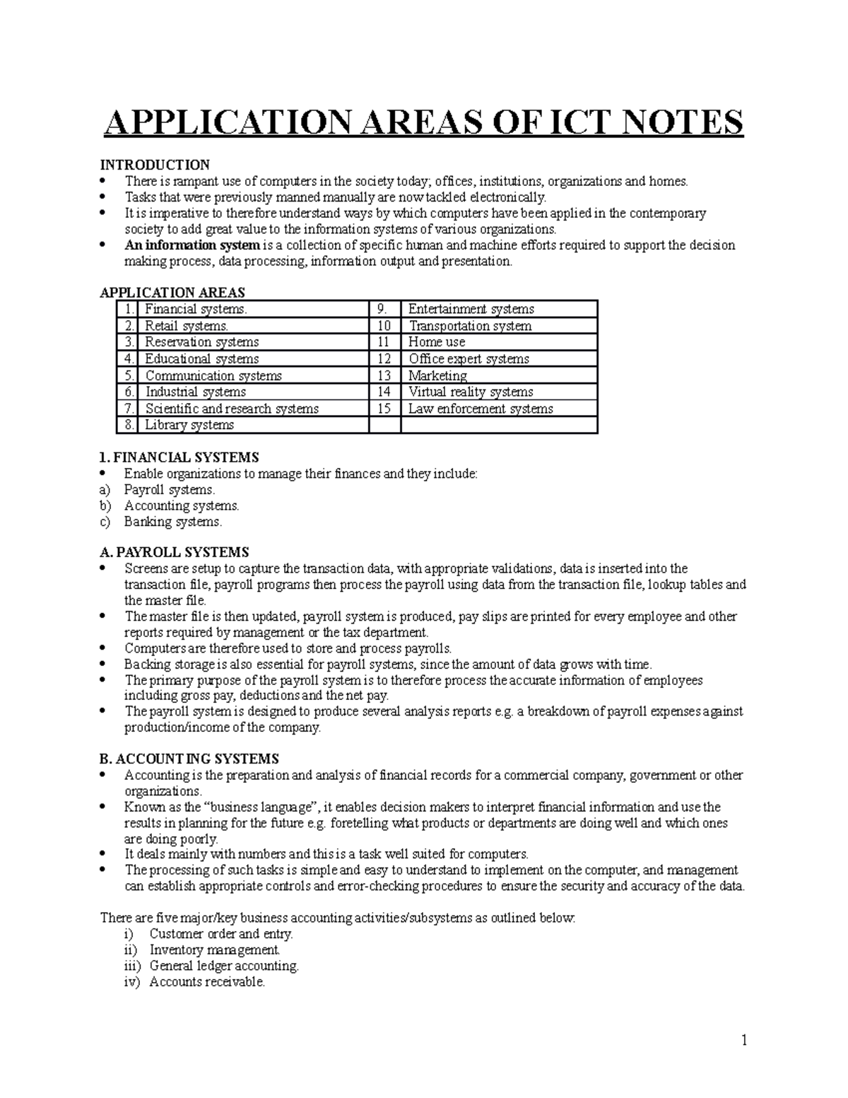 Application Areas of ICT: Comprehensive Notes on Systems and Uses - Studocu