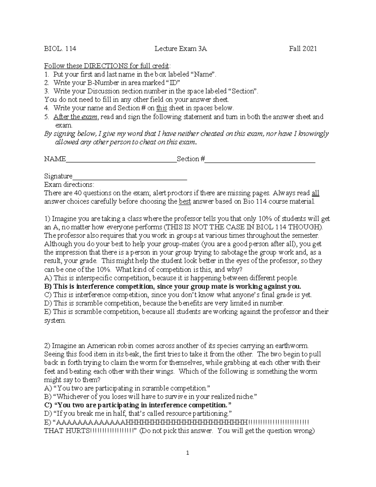 Exam 3 Practice Set BIOL 114 - BIOL. 114 Lecture Exam 3A Fall 2021 Follow these DIRECTIONS for ...