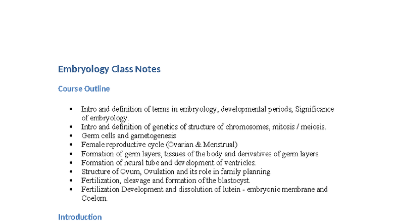 Embryology Class Notes: Key Concepts and Developmental Stages - Studocu