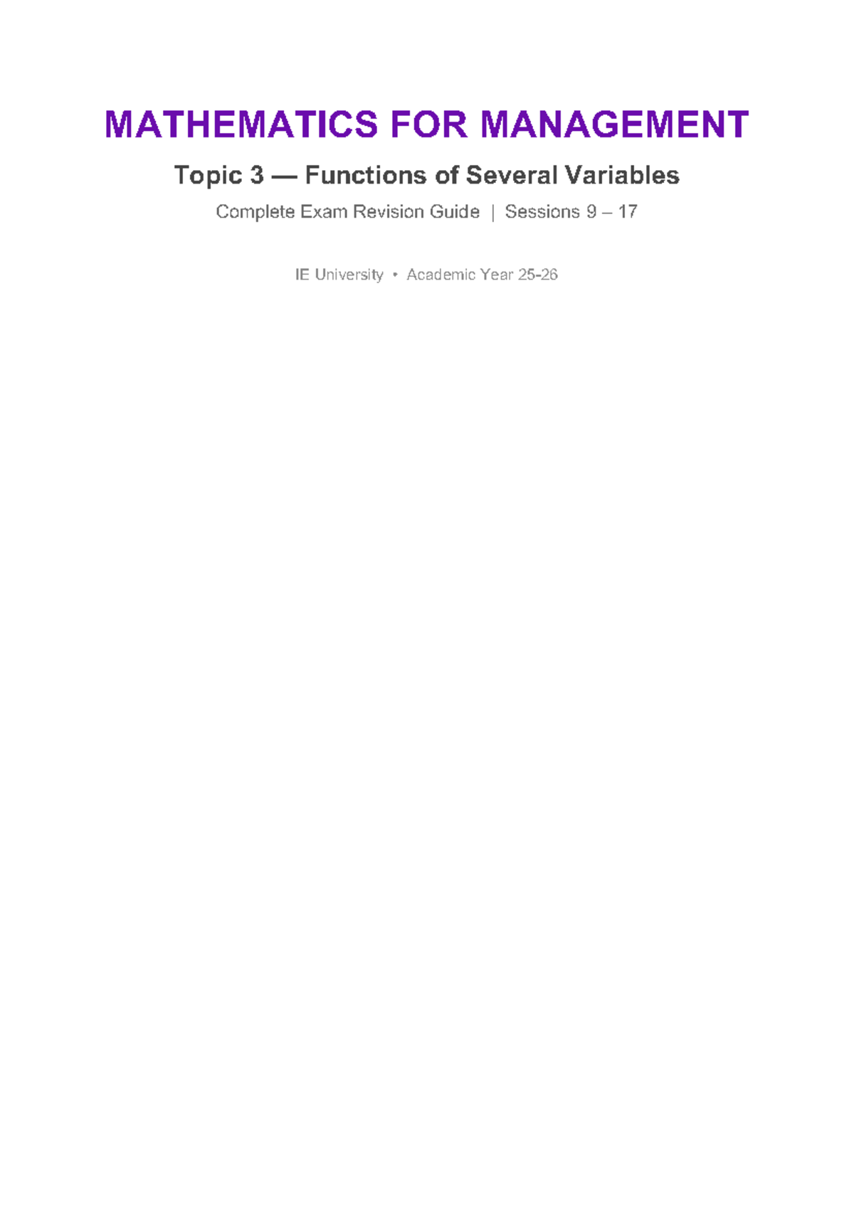 Mathematics for Management (BBA Q2) - Topic 3 Functions Revision Guide ...
