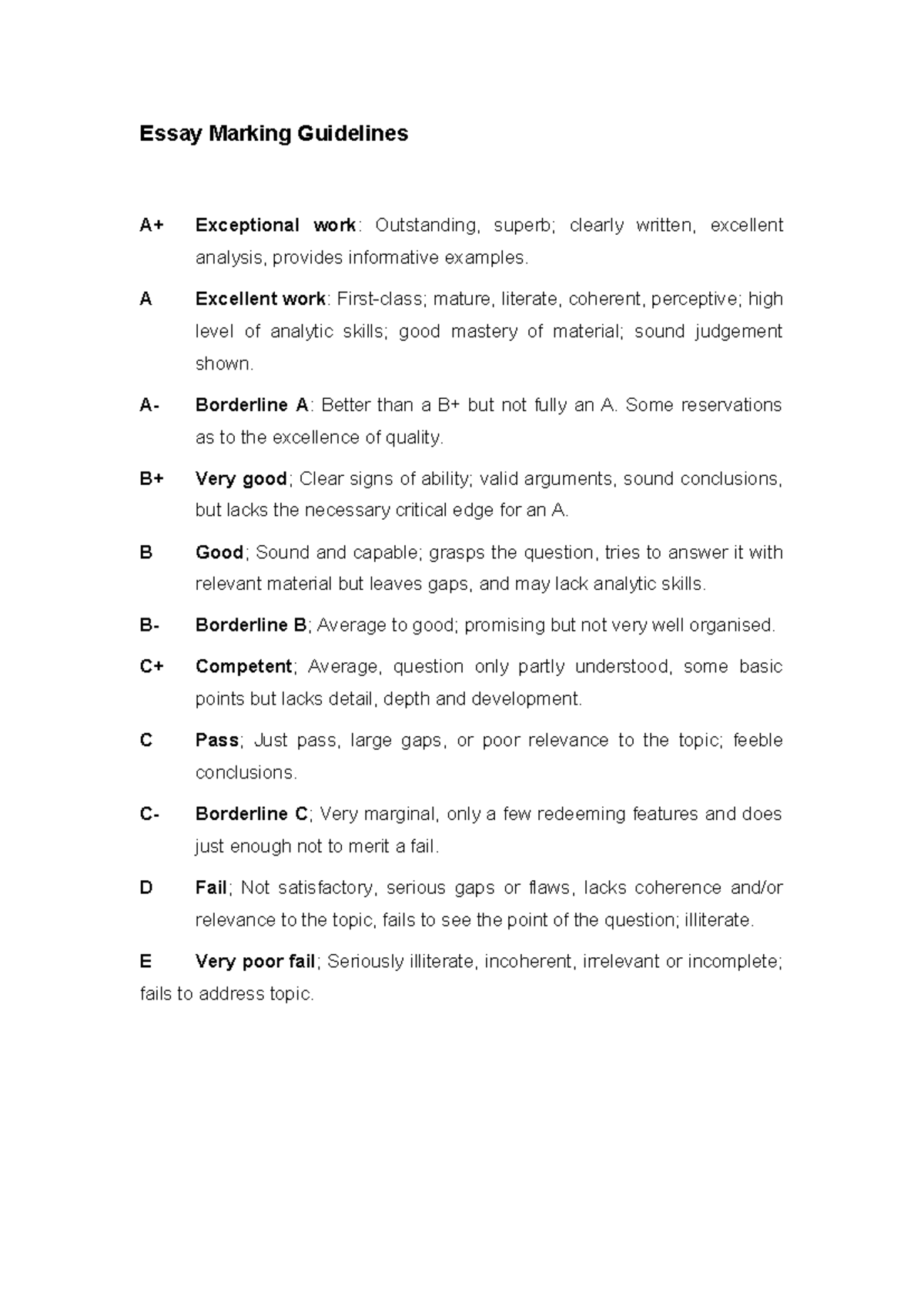 Essay Marking Guidelines 1 - A Excellent work: First-class; mature ...