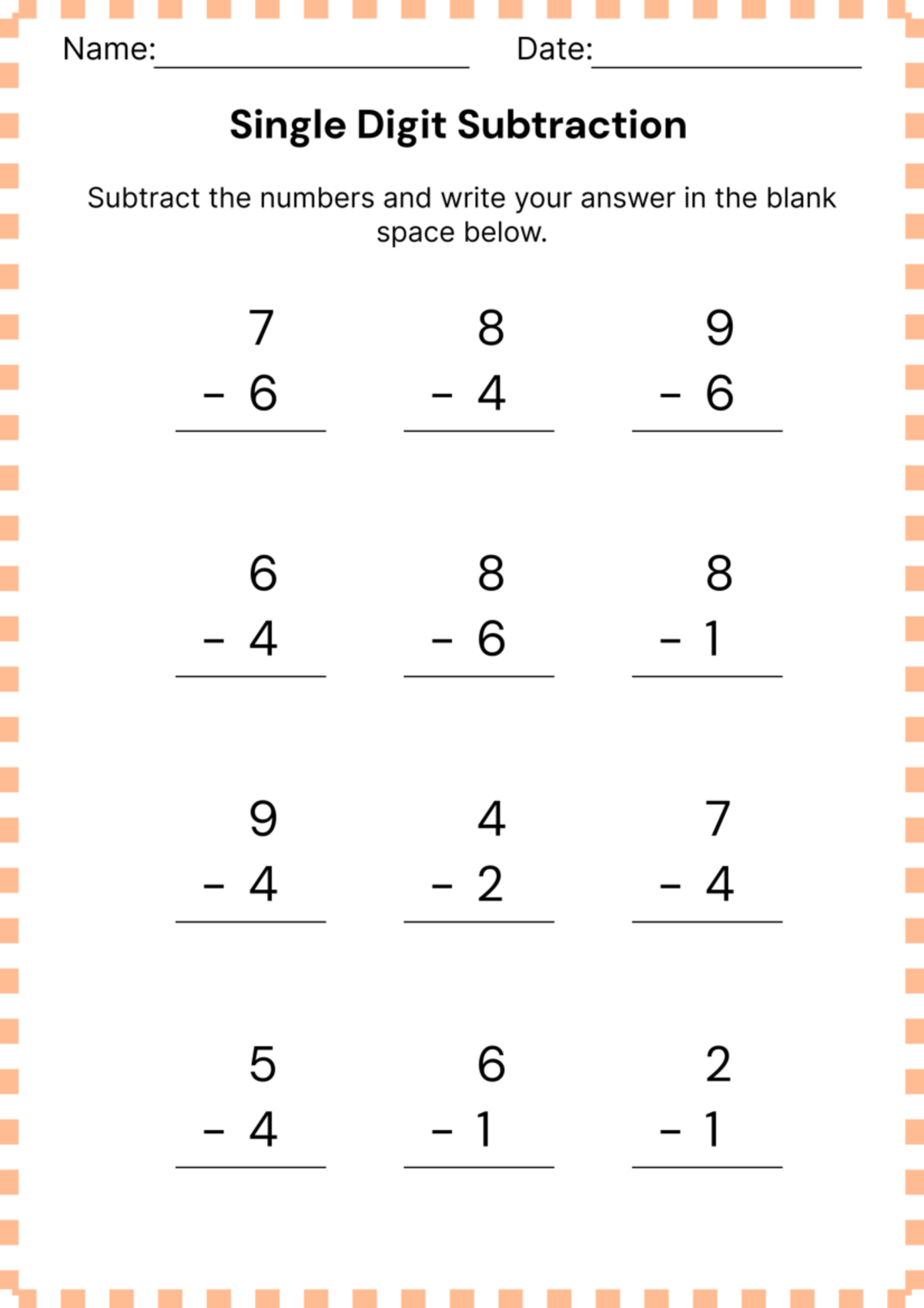 Single-Digit Subtraction Practice Worksheet – Version 2 - Name: Date ...
