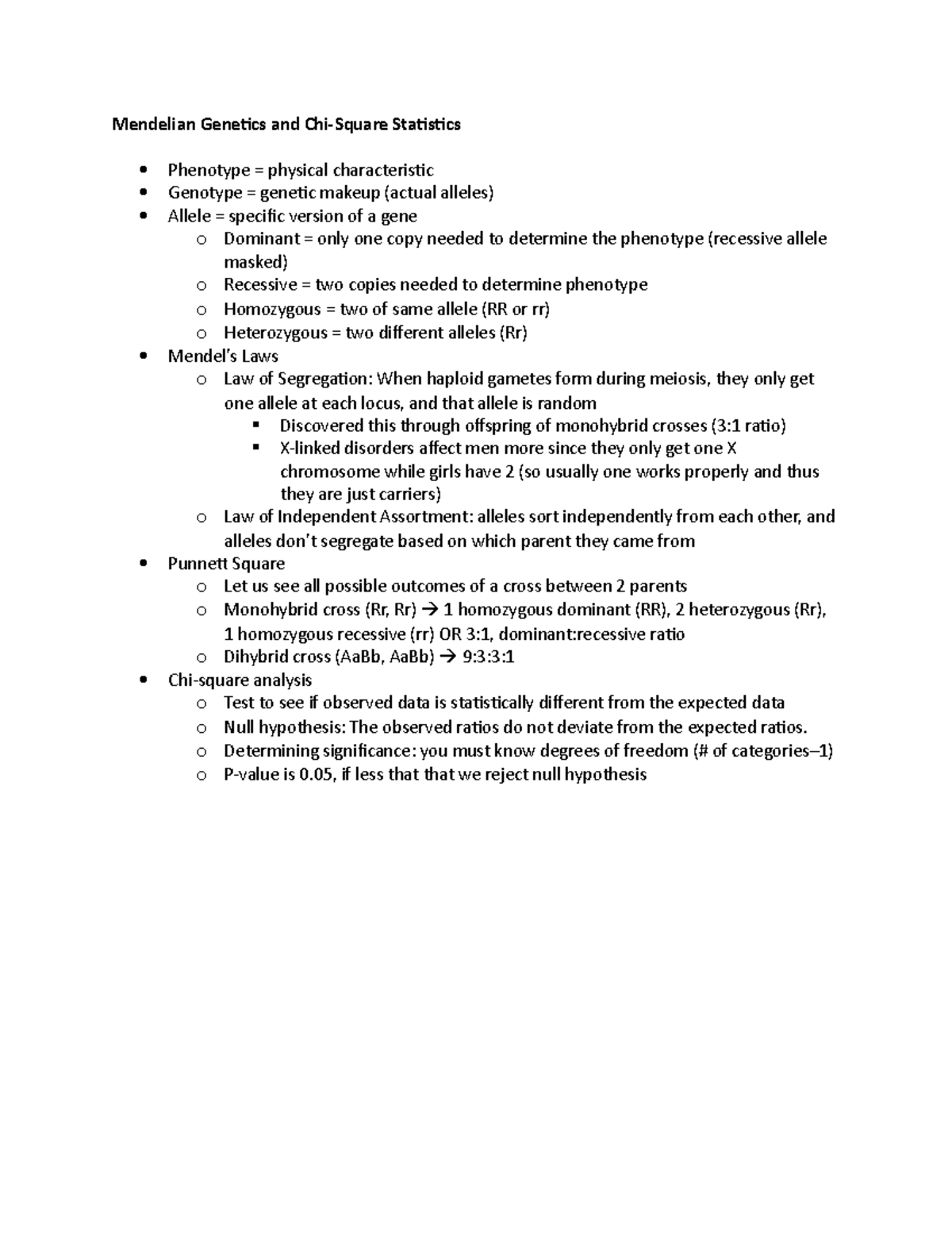 Mendelian Genetics and Chi Square Notes - Mendelian Genetics and Chi ...