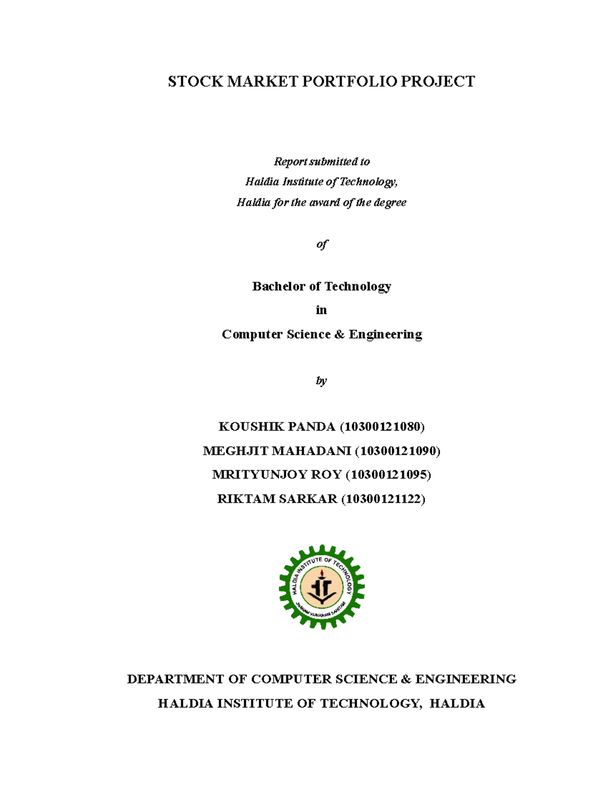 Final Year Project Report: Stock Market Portfolio (B.Tech CSE) - Studocu