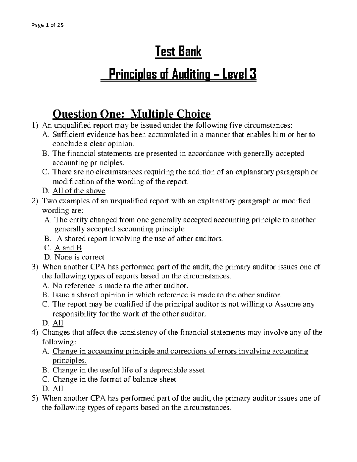 Auditing Test Bank 2 - Principles of Auditing Level 3 Exam Questions ...
