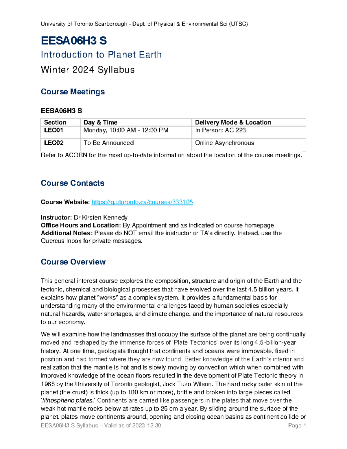 EESA06 H3S-2024 Winter Course Syllabus: Intro to Planet Earth - Studocu