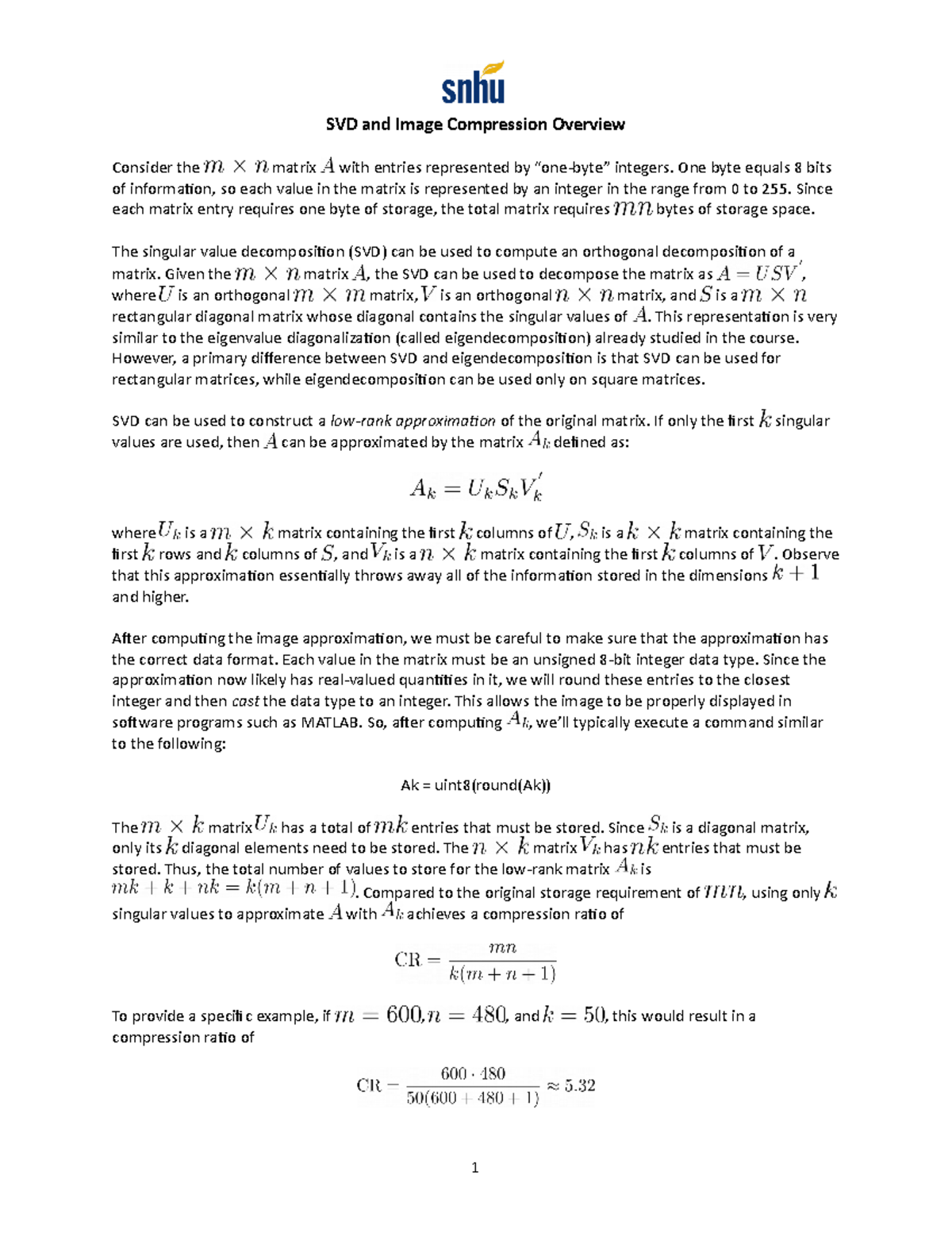 MAT 350 Project Two SVD and Image Compression Overview - SVD and Image ...