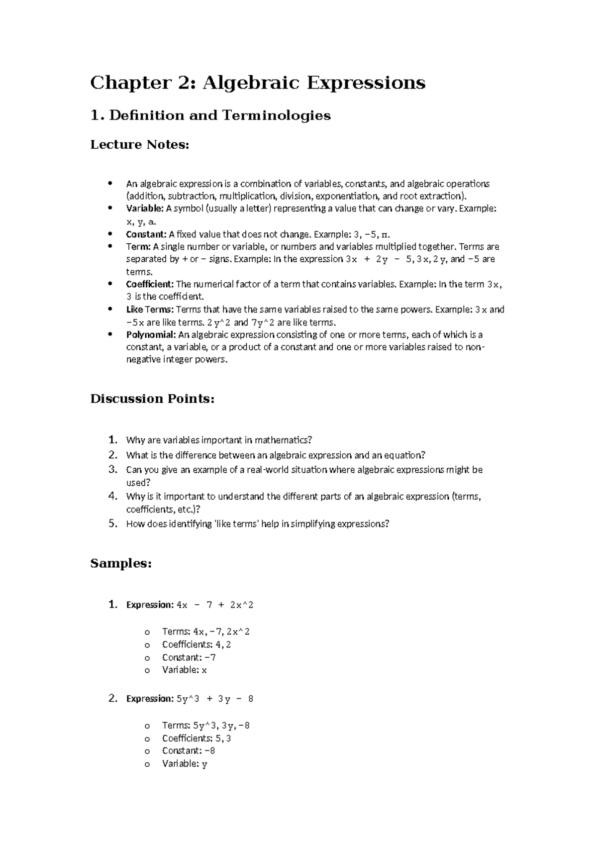 Chapter 2: Algebraic Expressions - Lecture Notes & Exercises - Studocu