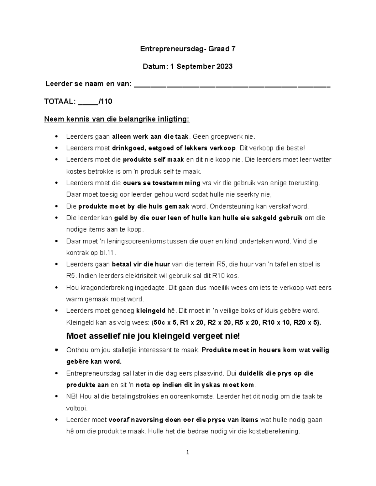 Entrepreneursdag Projek AAN Graad 7: Belangrike Inligting en Opdragte ...