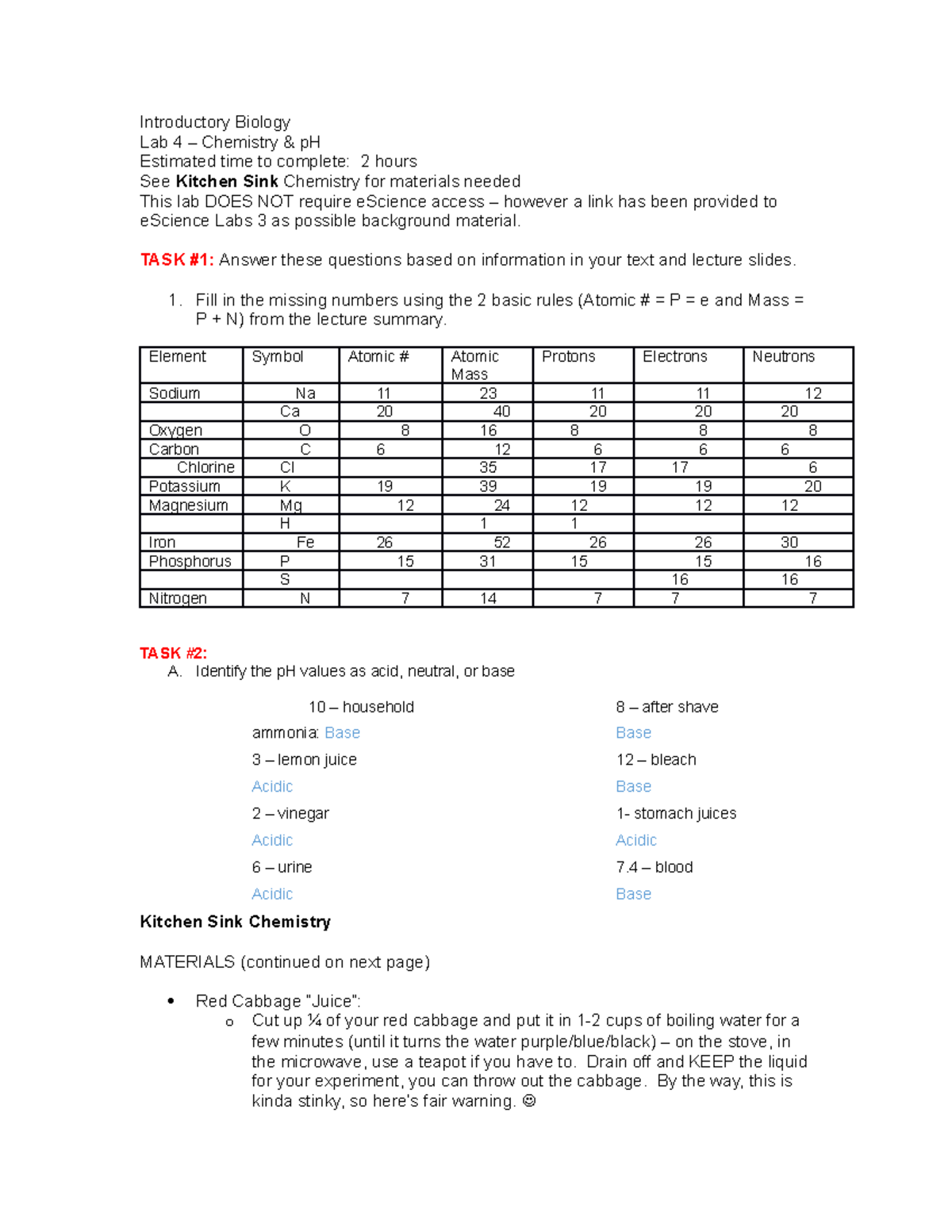 Lab Report 4 - Lab 4 - Introductory Biology Lab 4 – Chemistry & pH ...