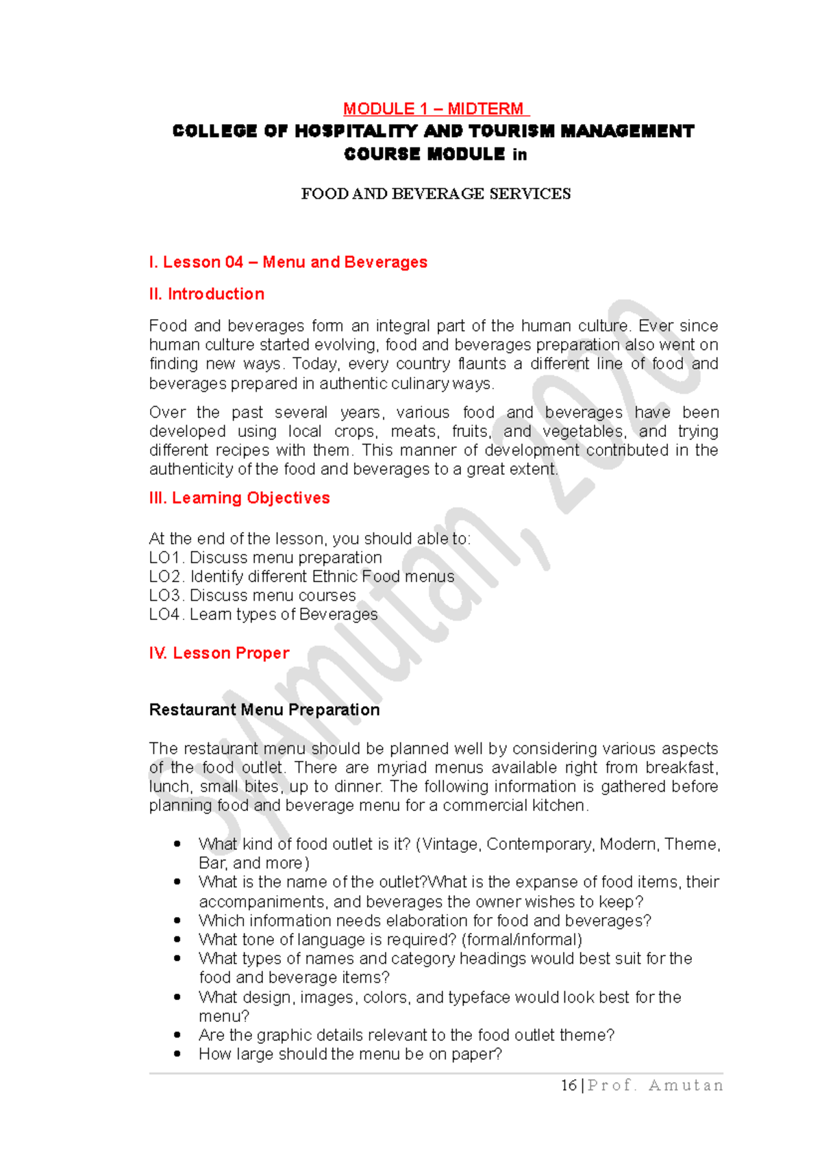 Lesson 4 Menu and Beverages - MODULE 1 – MIDTERM COLLEGE OF HOSPITALITY ...