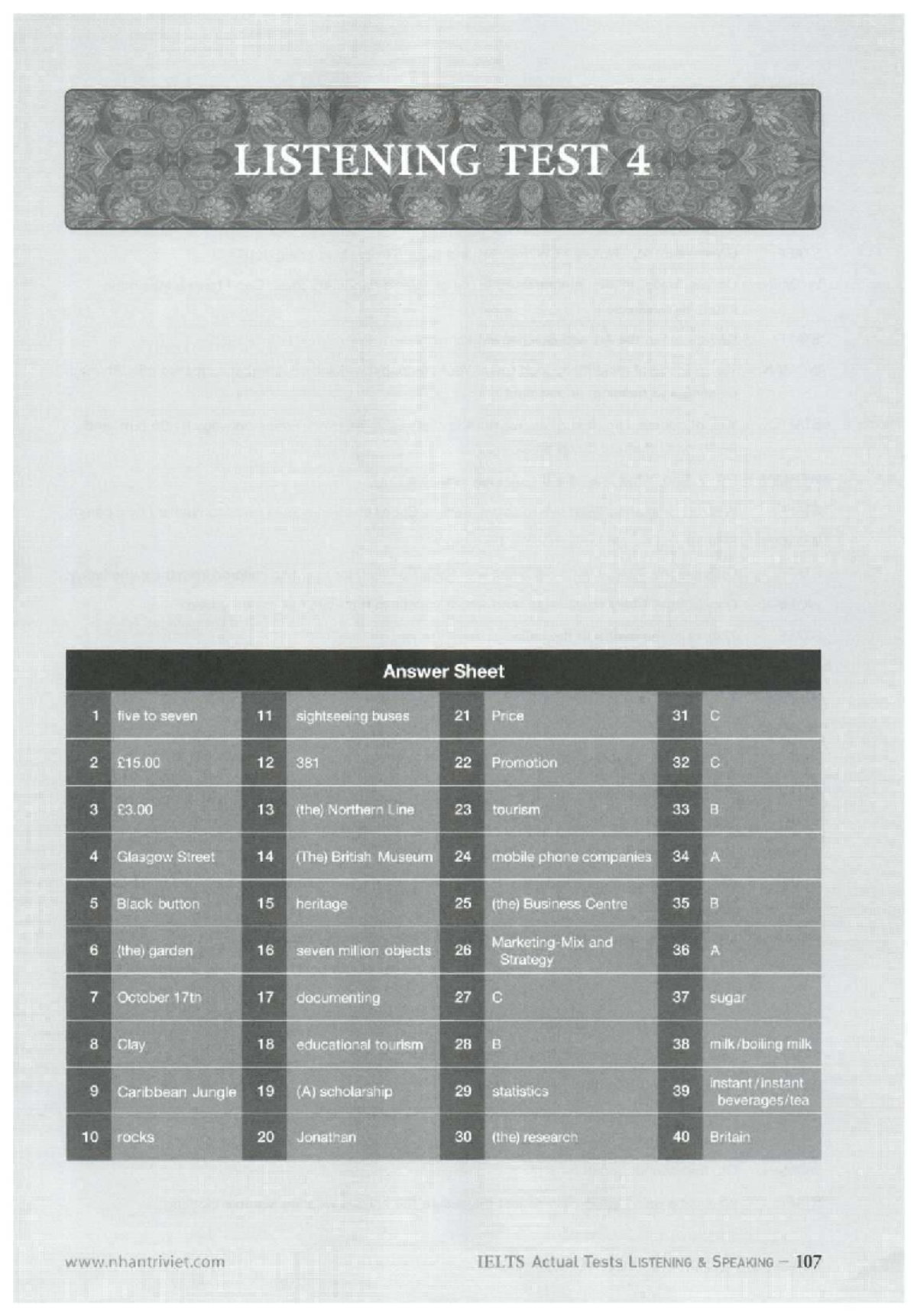 LISTENING TEST 4 Answer Sheet - IELTS Actual Tests - Studocu