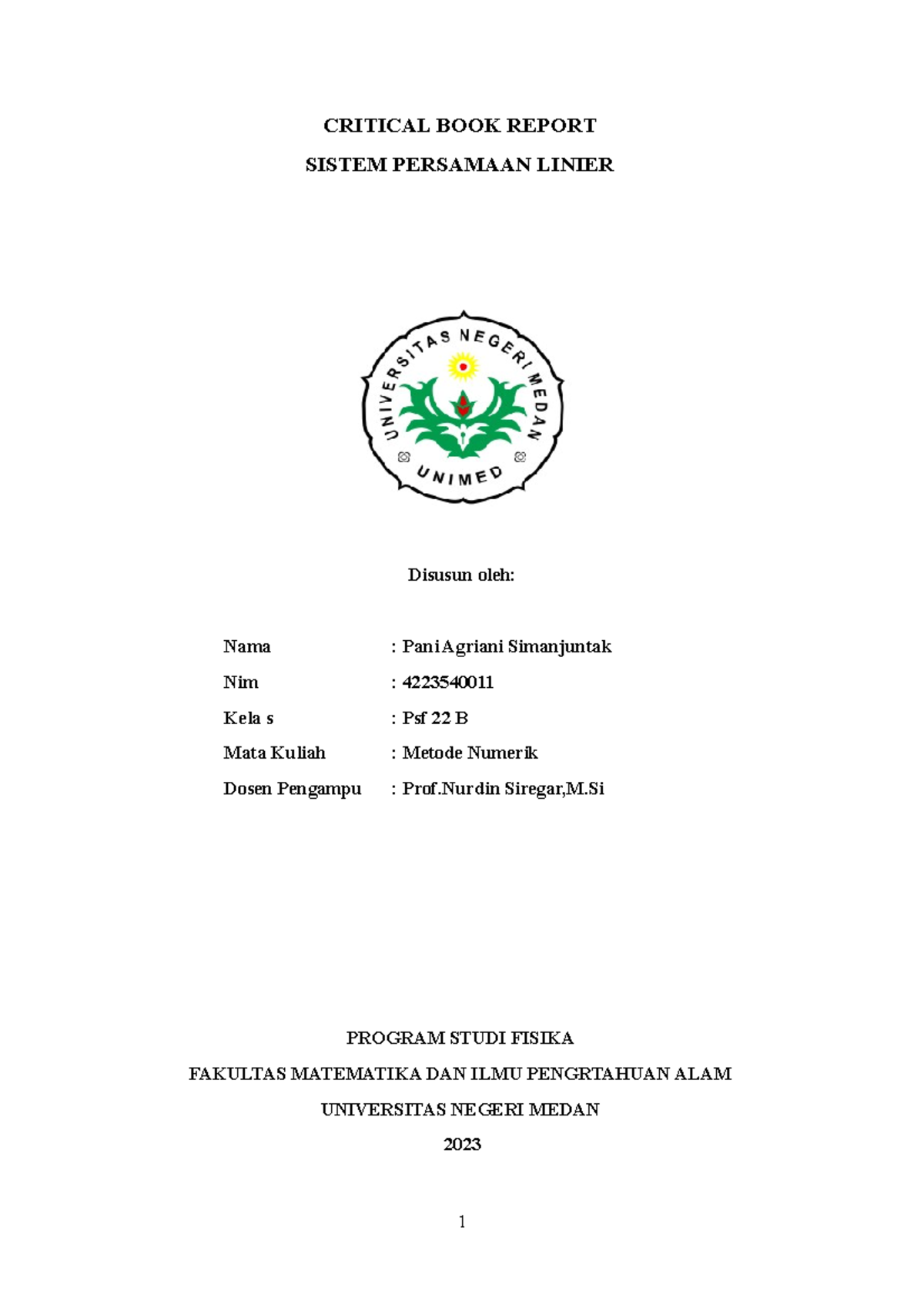 Critical Book Report (CBR) on Sistem Persamaan Linier - Metode Numerik ...