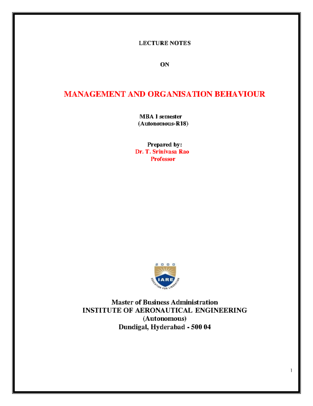 Iare Mob Lecture Notes 0 Lecture Notes On Management And Organisation Behaviour Mba I Semester