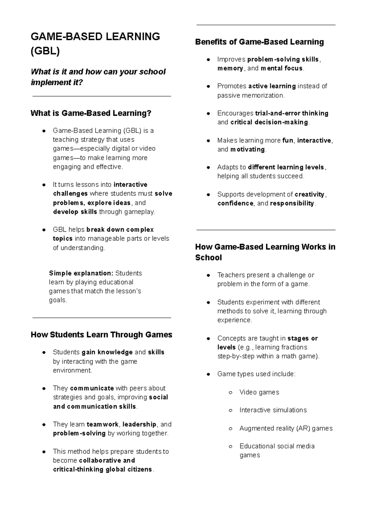 Game-Based Learning (GBL): Implementation and Benefits in Schools - Studocu