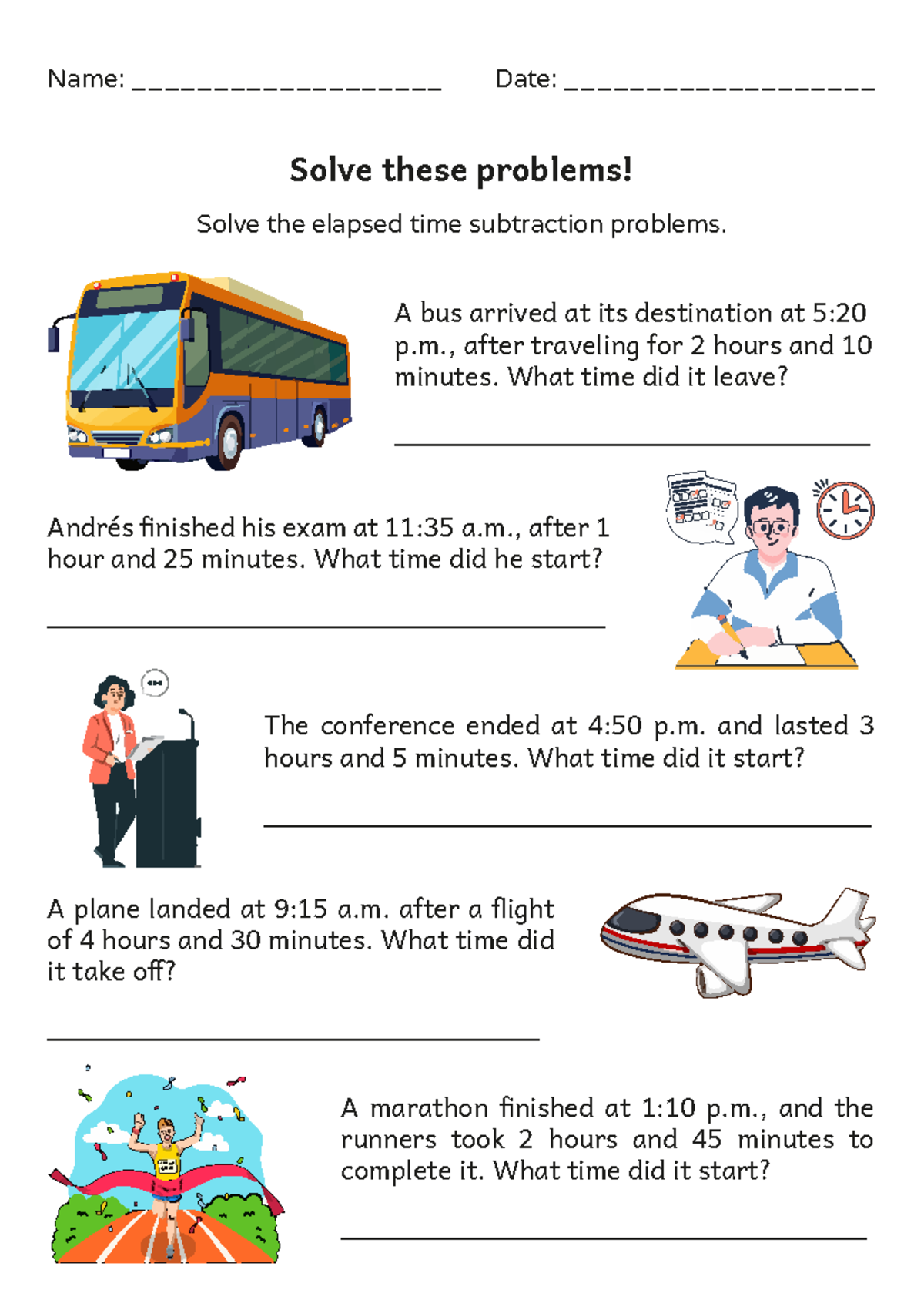 Elapsed Time Subtraction Problems - 3rd Grade Worksheet - Name ...