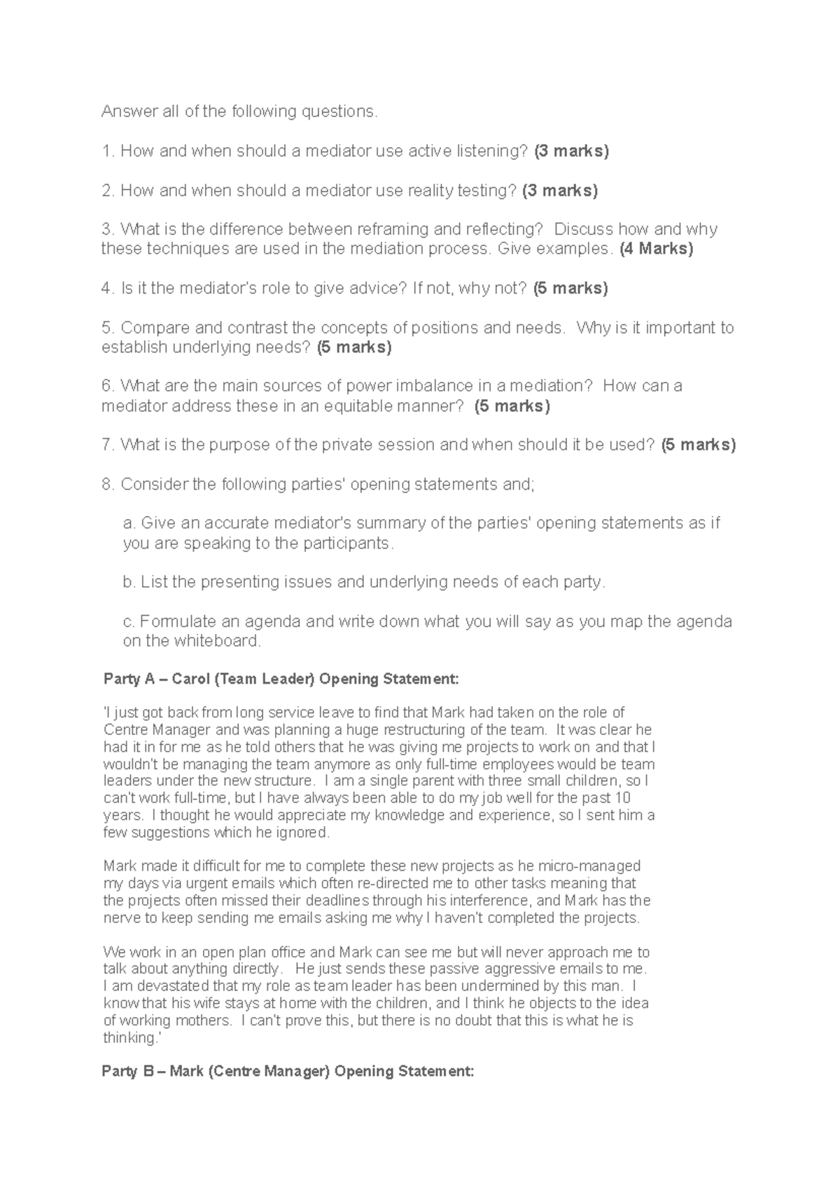 Mediation - Short Answer Test - Answer all of the following questions ...