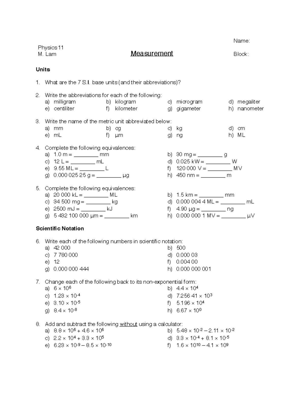Measurement Concepts and Units in Physics 11 - M. Lam - Studocu