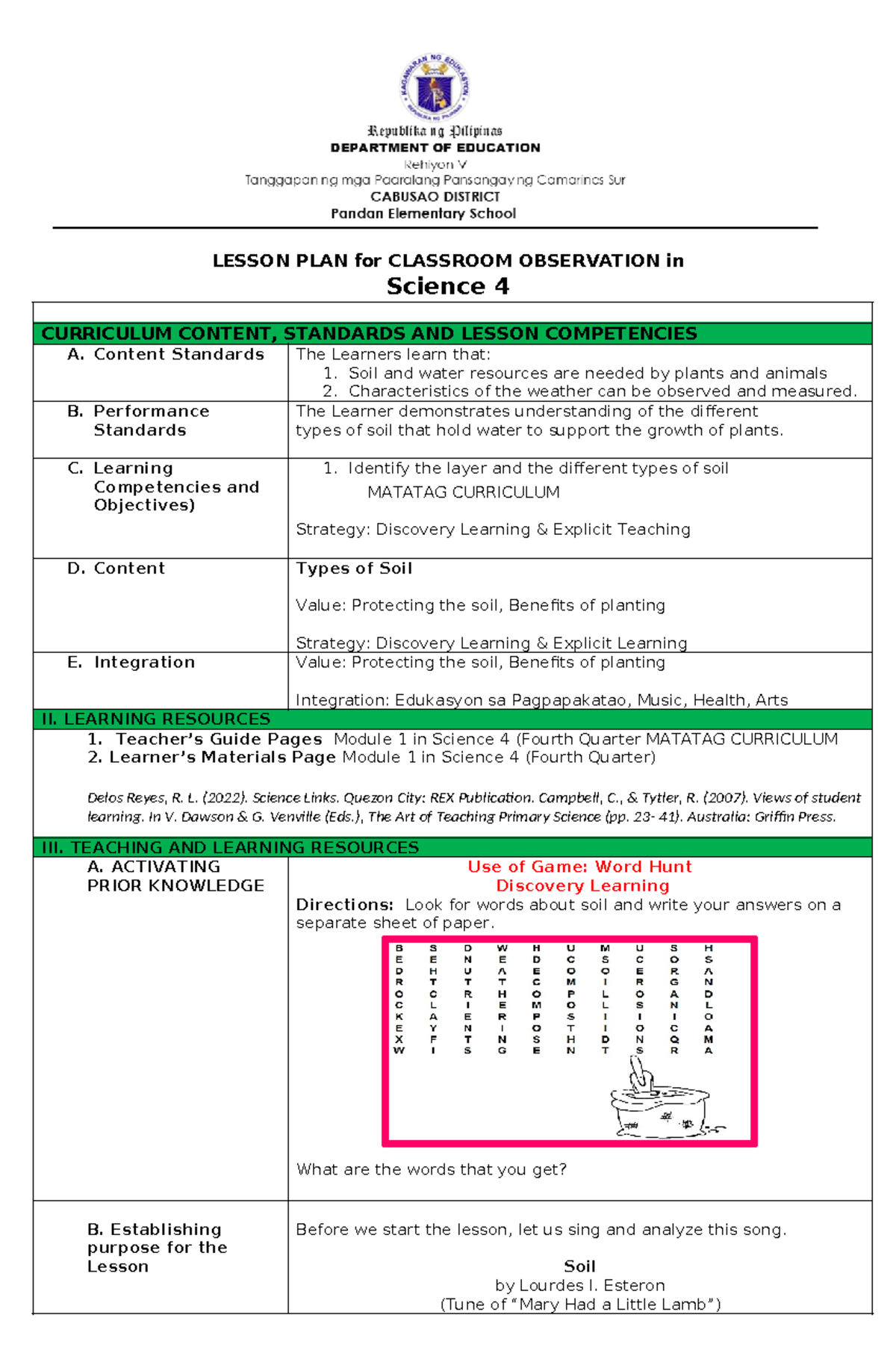 COT Science 4: Lesson Plan for Classroom Observation on Soil Types ...