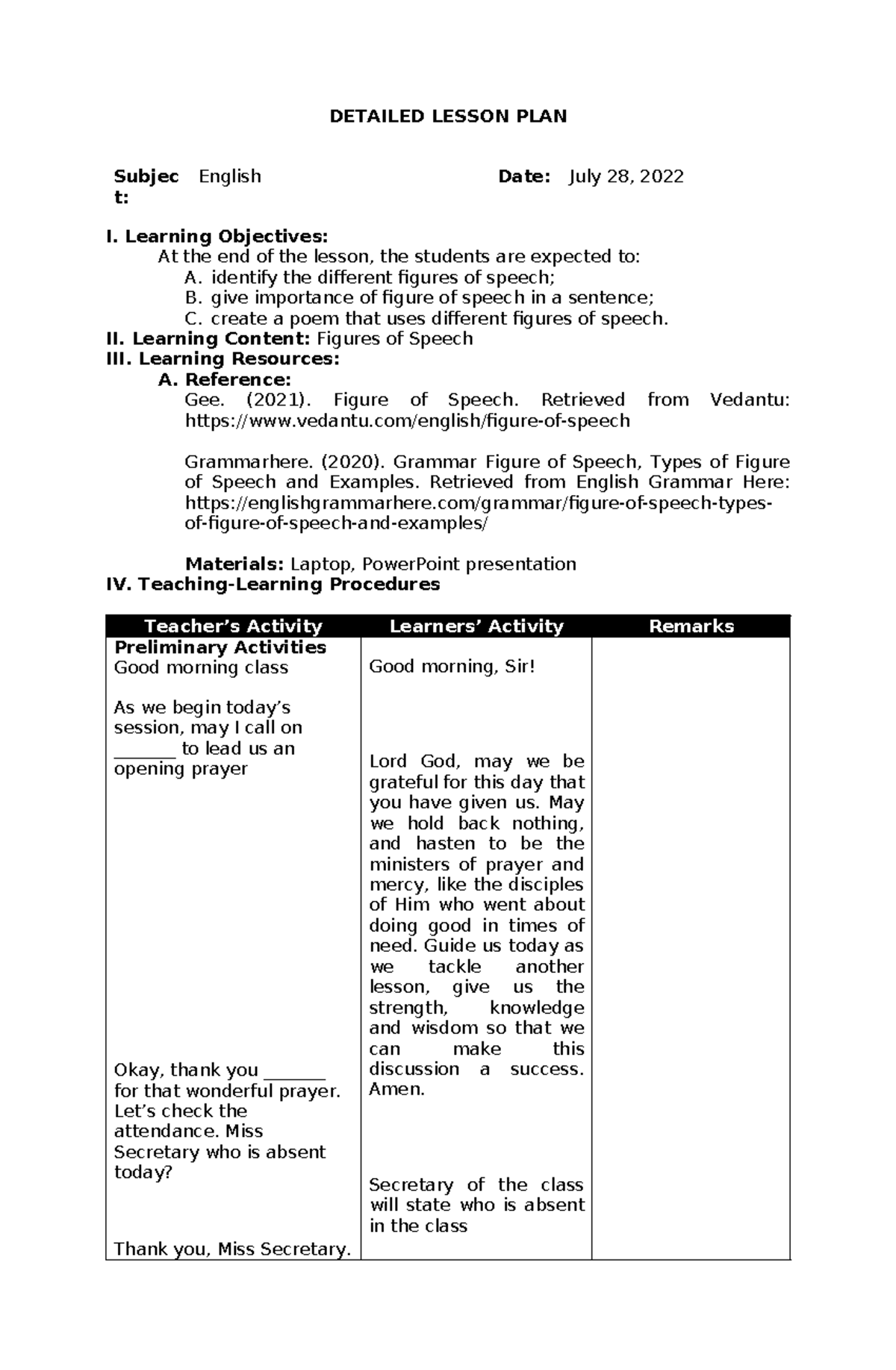 Detailed Lesson Plan on Figures of Speech (English) - Studocu