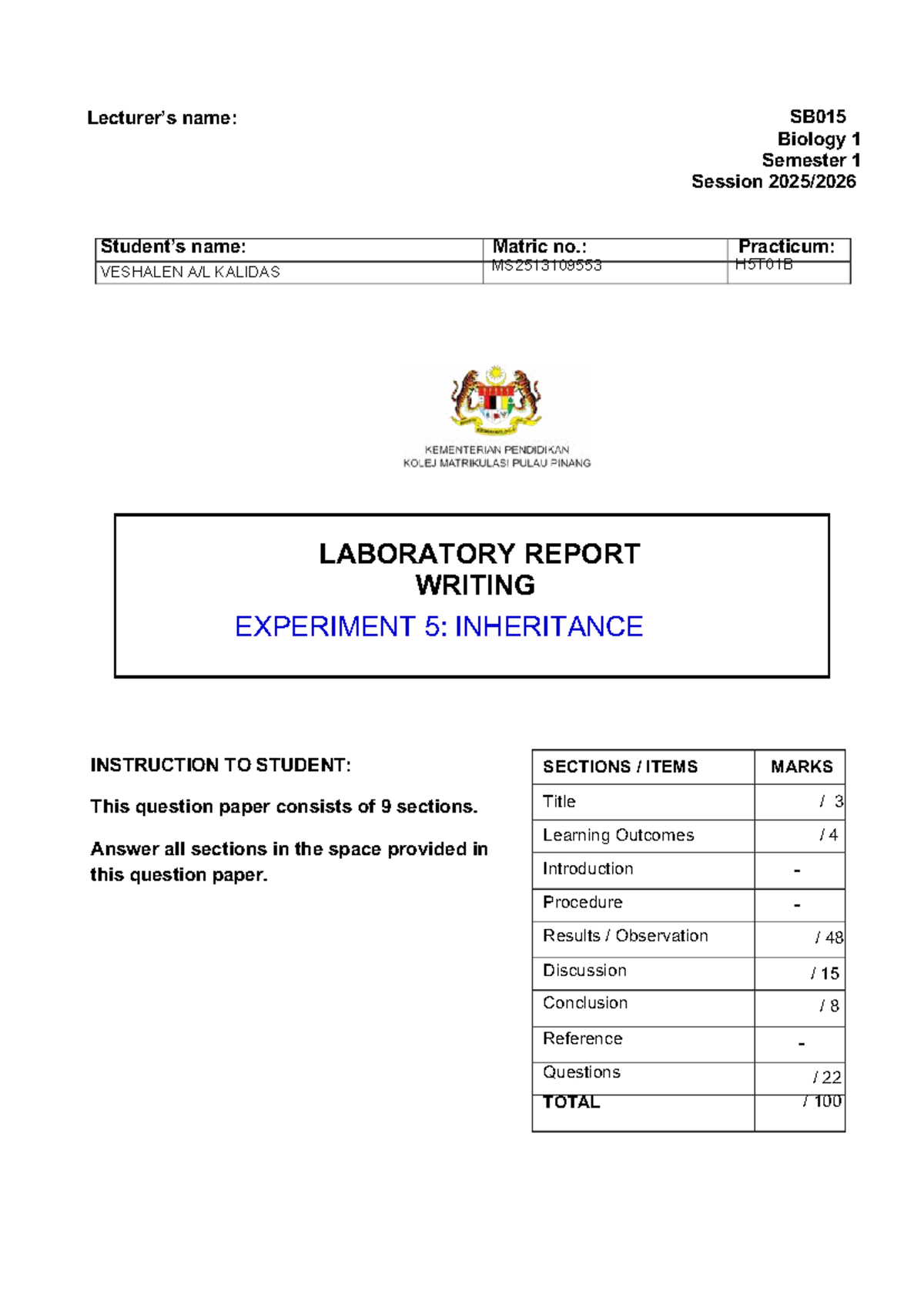 SB015 Biology 1 Sem 1: Lab Report on Inheritance (Exp 5) - Studocu