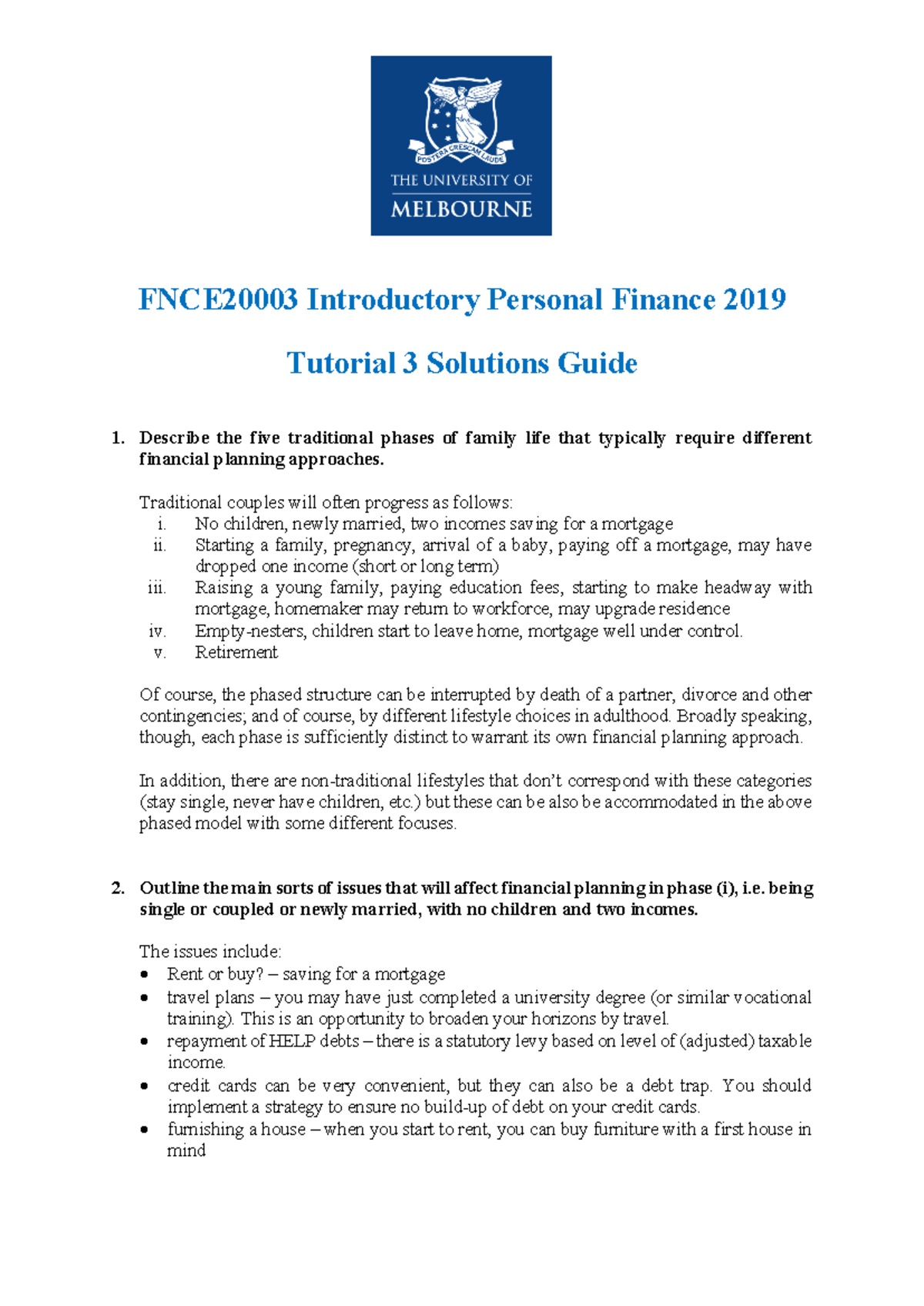 FNCE2000 3 IPF Tutorial 3 2019 Solutions Guide - FNCE20003 Introductory ...