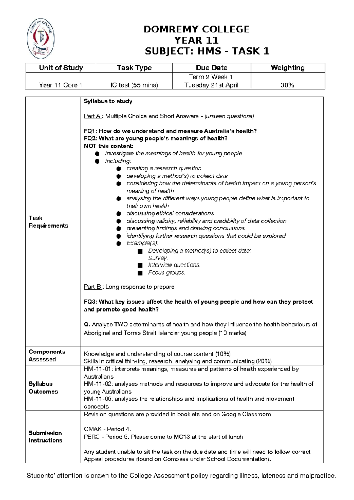 Year 11 HMS Task 1: Understanding Health for Young People - Studocu