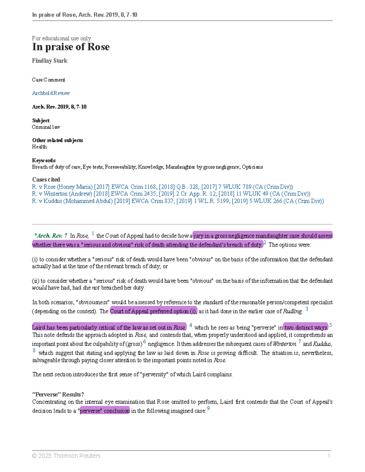 In Praise of Rose: A Case Comment on Gross Negligence - TRUSTS - Studocu