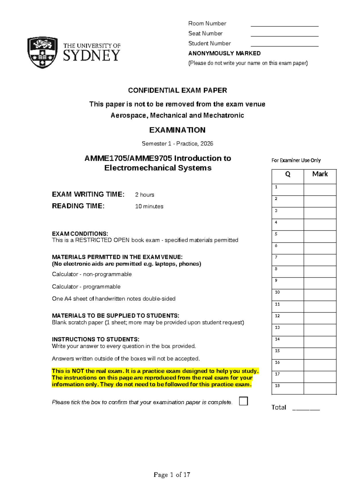 AMME1705 Practice Exam S1 2026: Intro to Electromechanical Systems ...