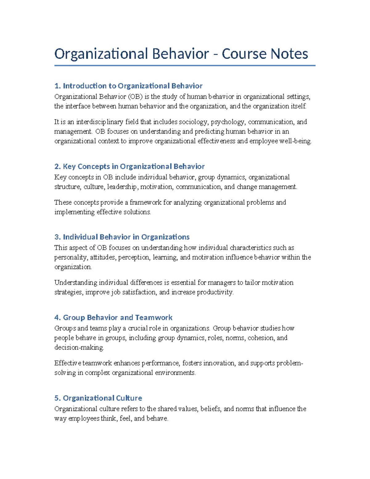 Organizational Behavior (OB) Final Exam Course Notes - Studocu