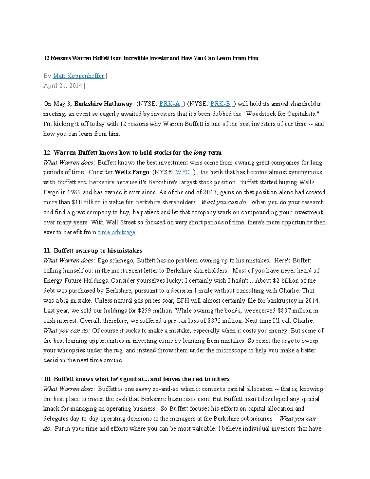 12 Key Lessons from Warren Buffett's Investment Success - Studocu