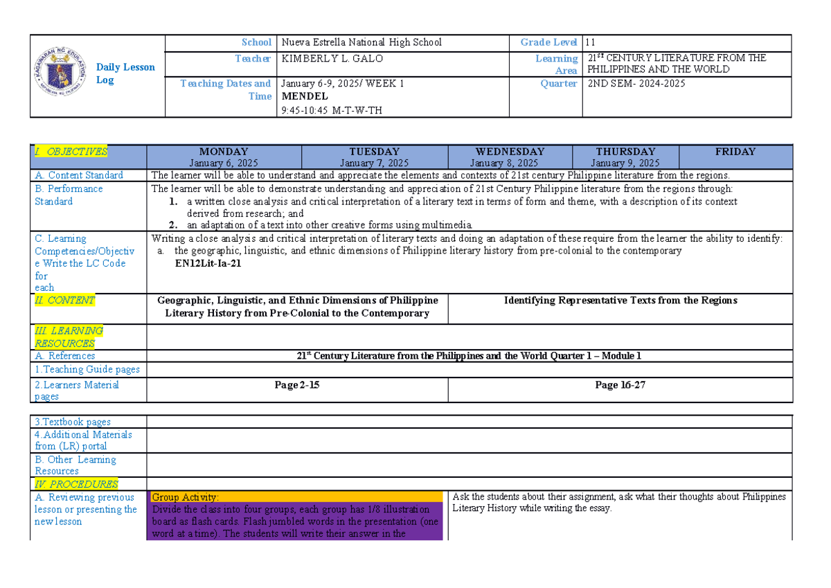 21st Century Lit DLL Week 1 - Daily Lesson Log School Nueva Estrella ...