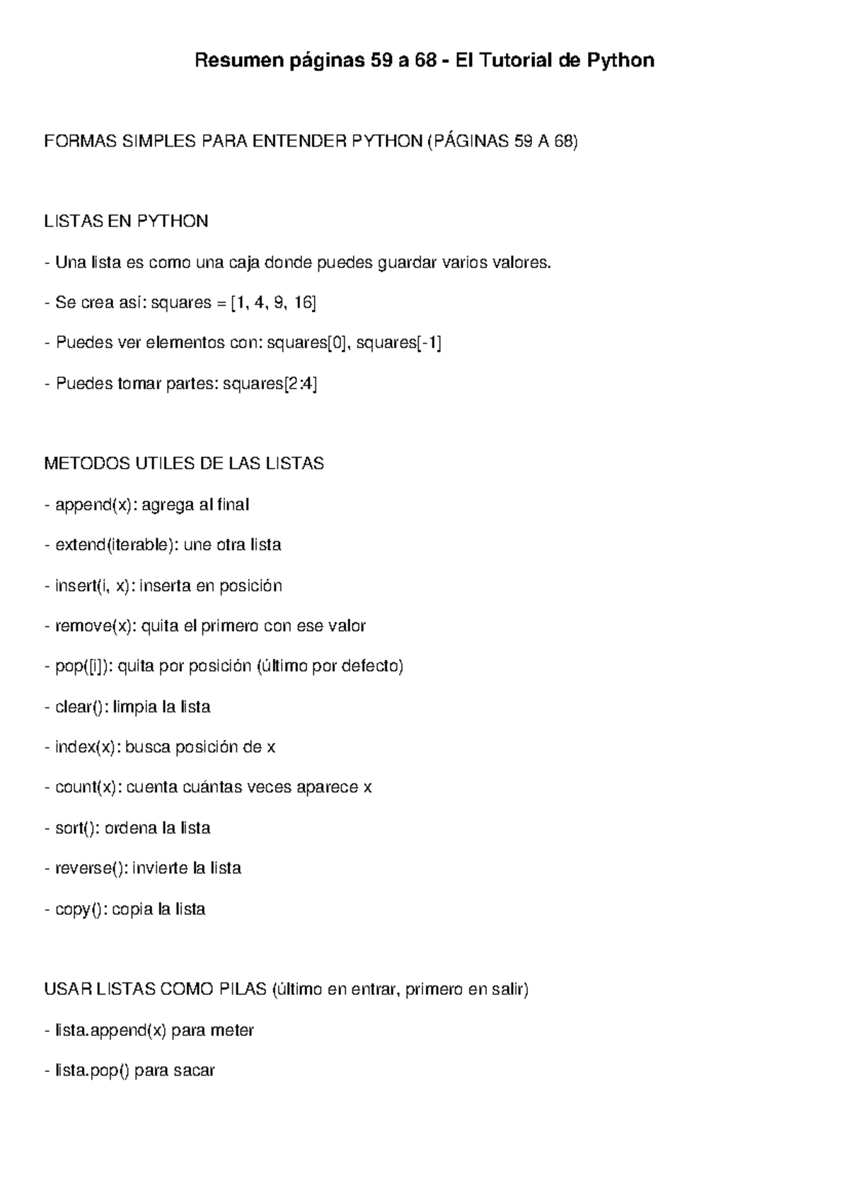 Resumen de Listas en Python (Páginas 59 a 68) - Tutorial Python - Studocu