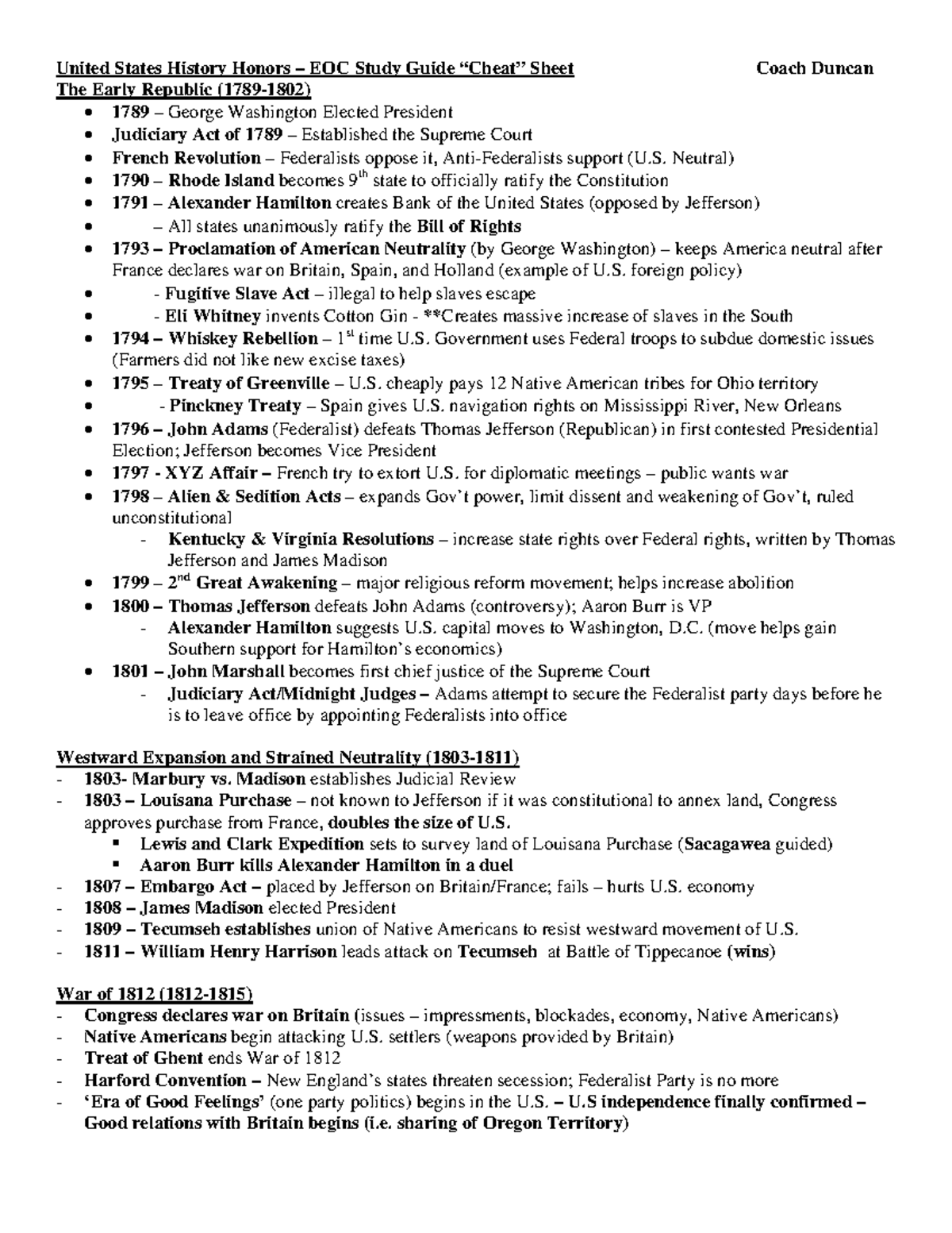 U.S. History Honors EOC Study Guide: Key Events and Themes (1789-1960 ...