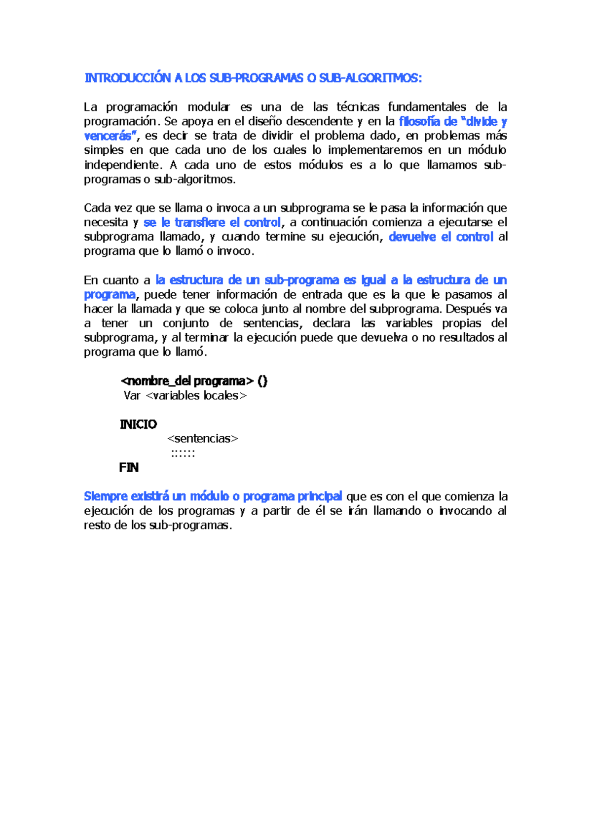 programacion algoritmos - INTRODUCCIÓN A LOS SUB-PROGRAMAS O SUB ...