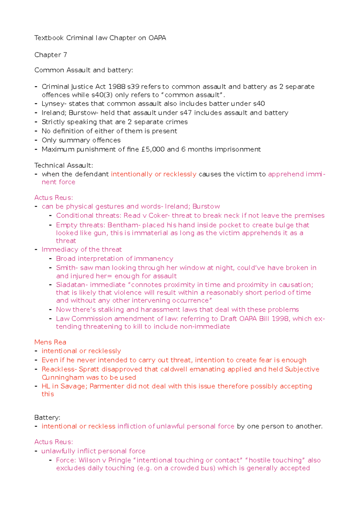 OAPA Notes - Overview of Assault, Battery, and Related Offences - Studocu