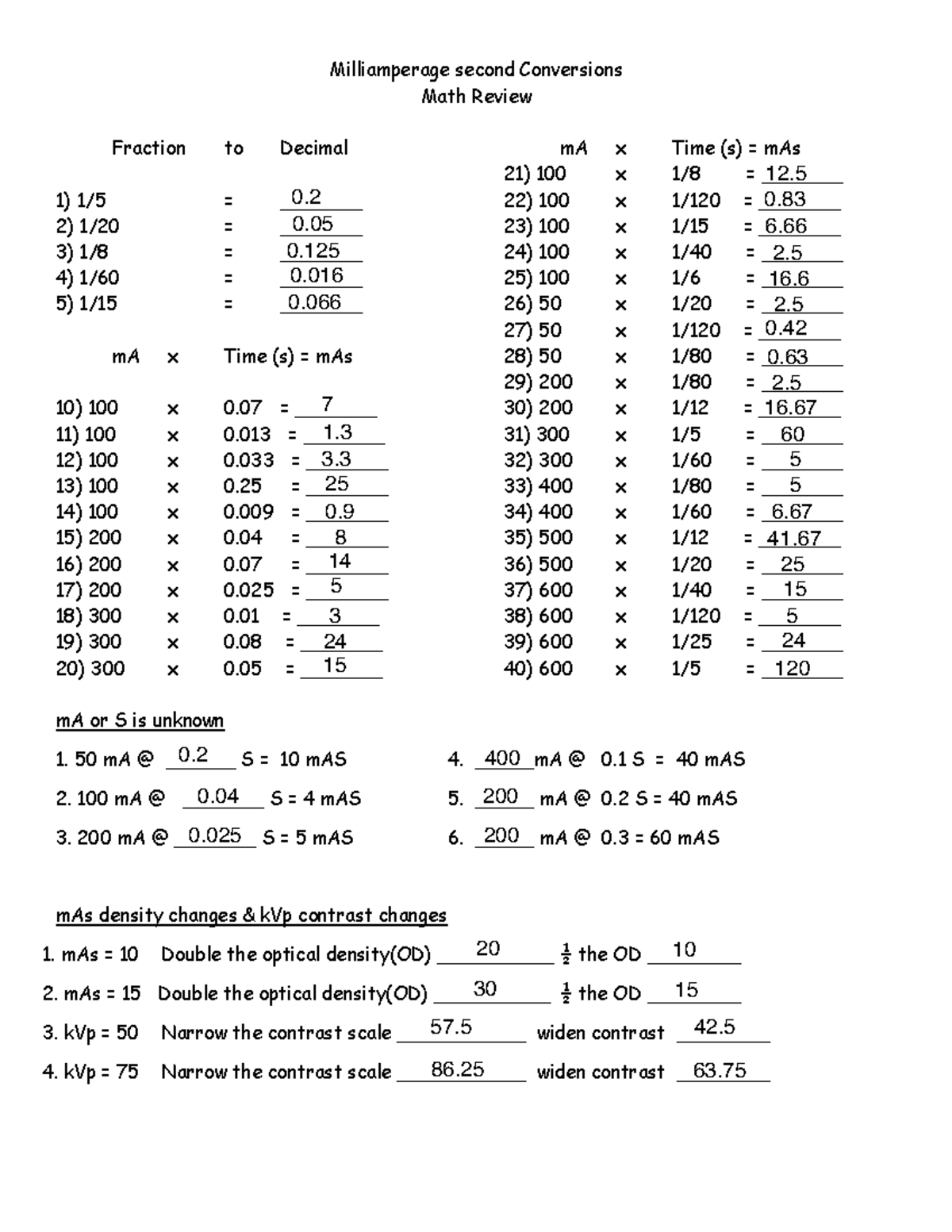 First+math+tech+worksheet and answers. mAs and kVp techniques ...