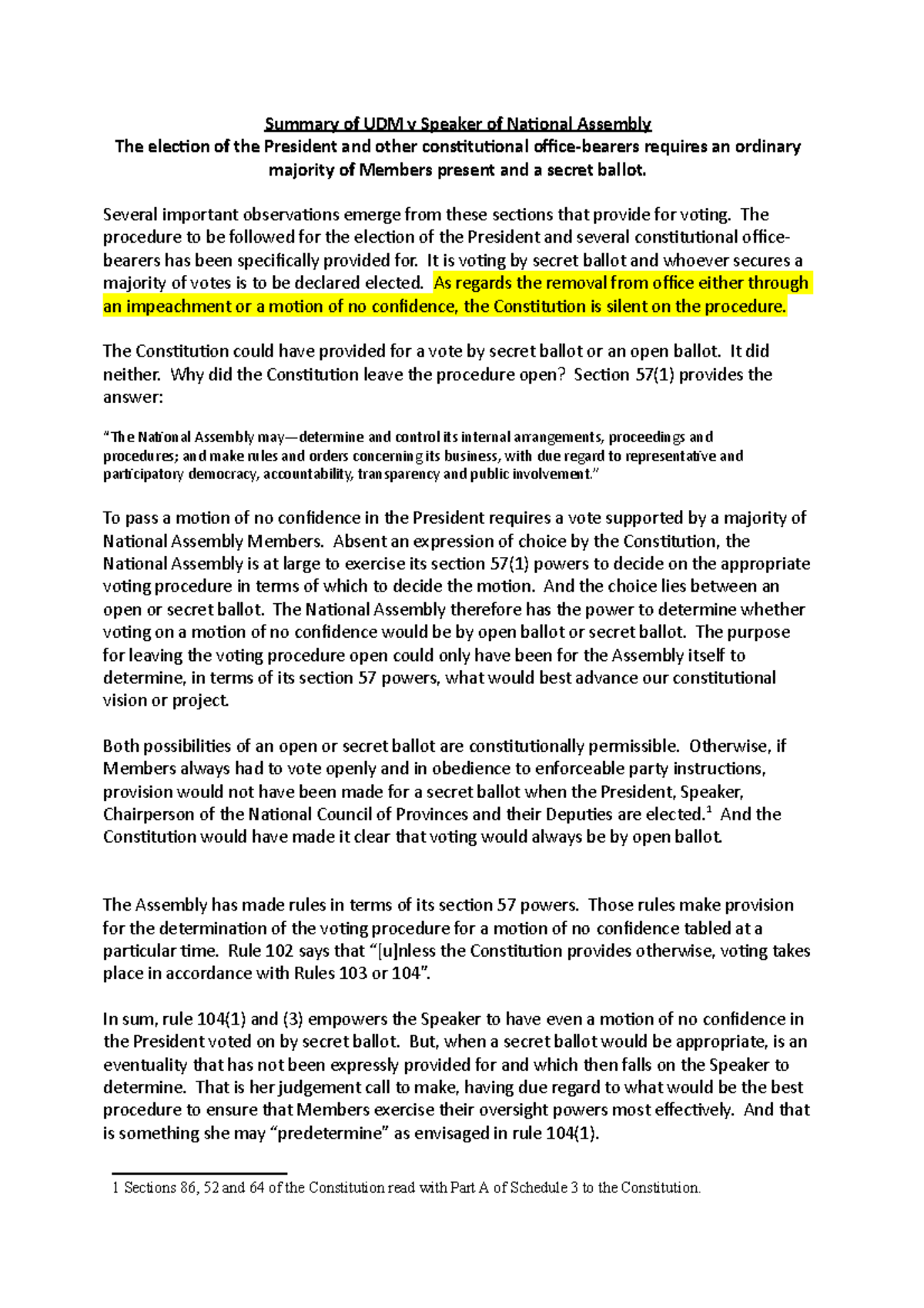 Summary of UDM v Speaker of National Assembly - PBL2000W - Studocu