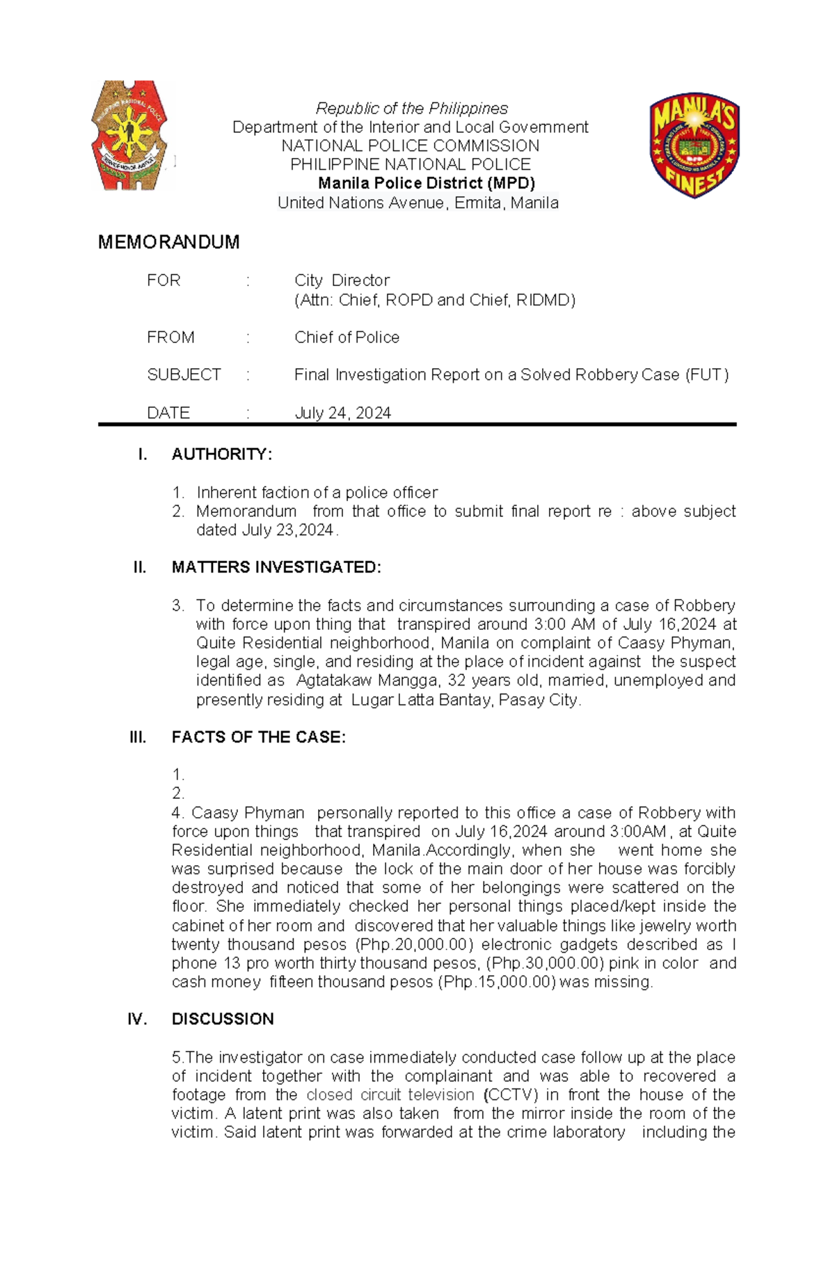 Final Investigation Report on Solved Robbery Case (FUT) - Studocu