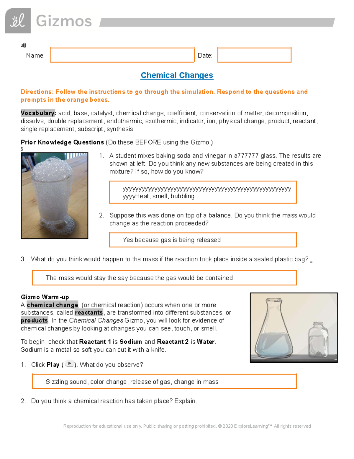 Chemistry '23: Chemical Changes Gizmo Activity Guide - Studocu