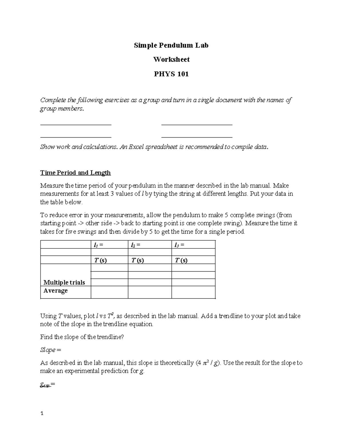 Simple Pendulum Lab Worksheet for PHYS 101 - Group Experiment Guide ...