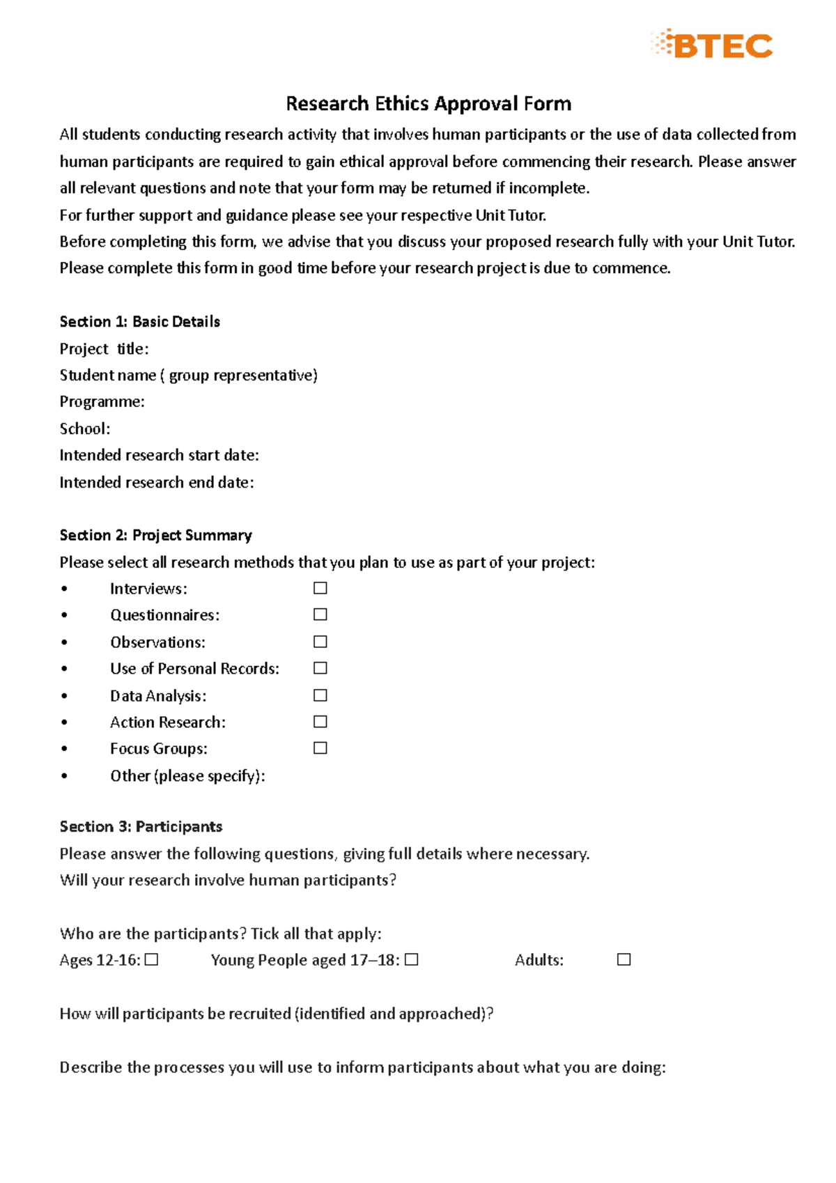 Research Ethics forms - Research Ethics Approval Form All students ...