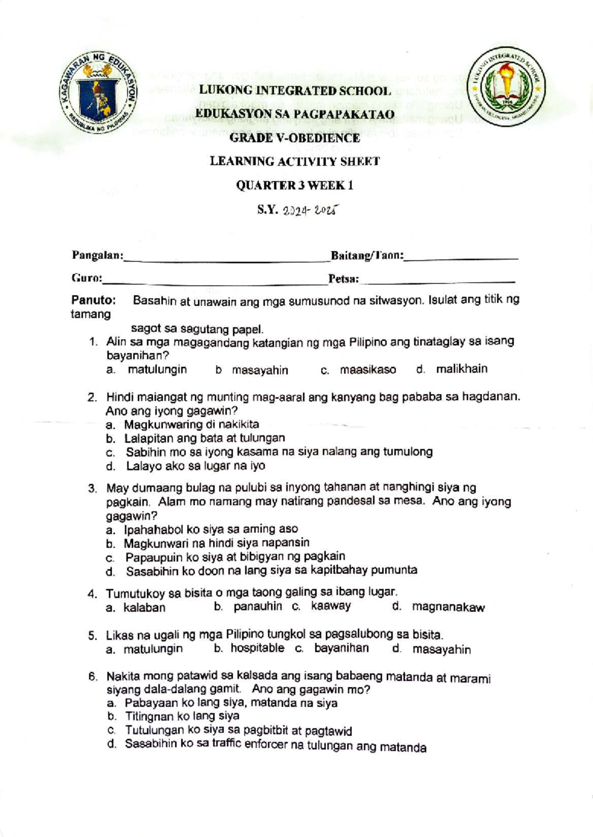 Grade 5 Learning Activity Sheets: Filipino Q3 W1 & Q4 W5 S.Y. 2024 - Studocu